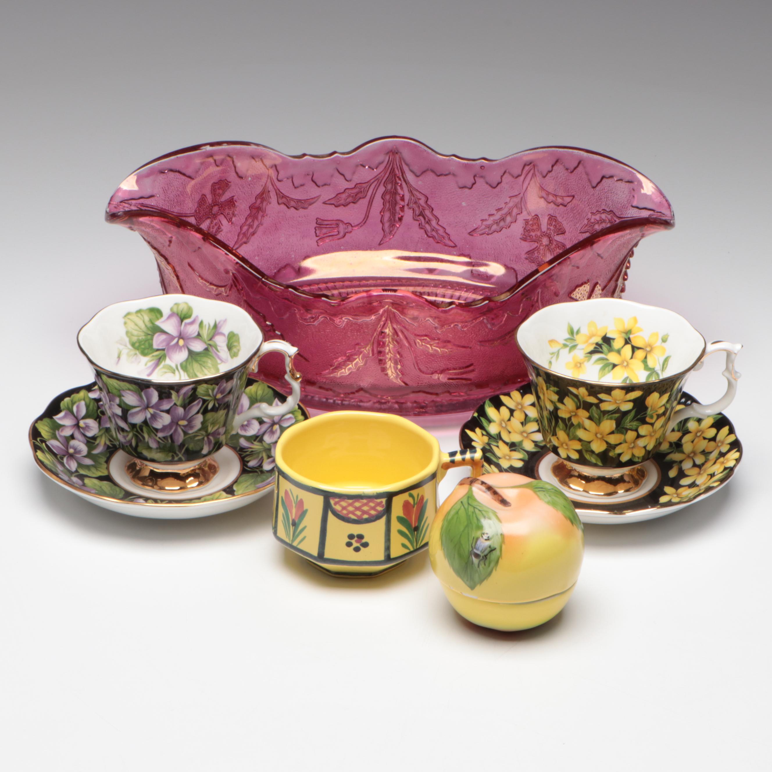 US Glass "Delaware Ruby" Glass Banana Bowl with Ceramic Cups, Saucers ...