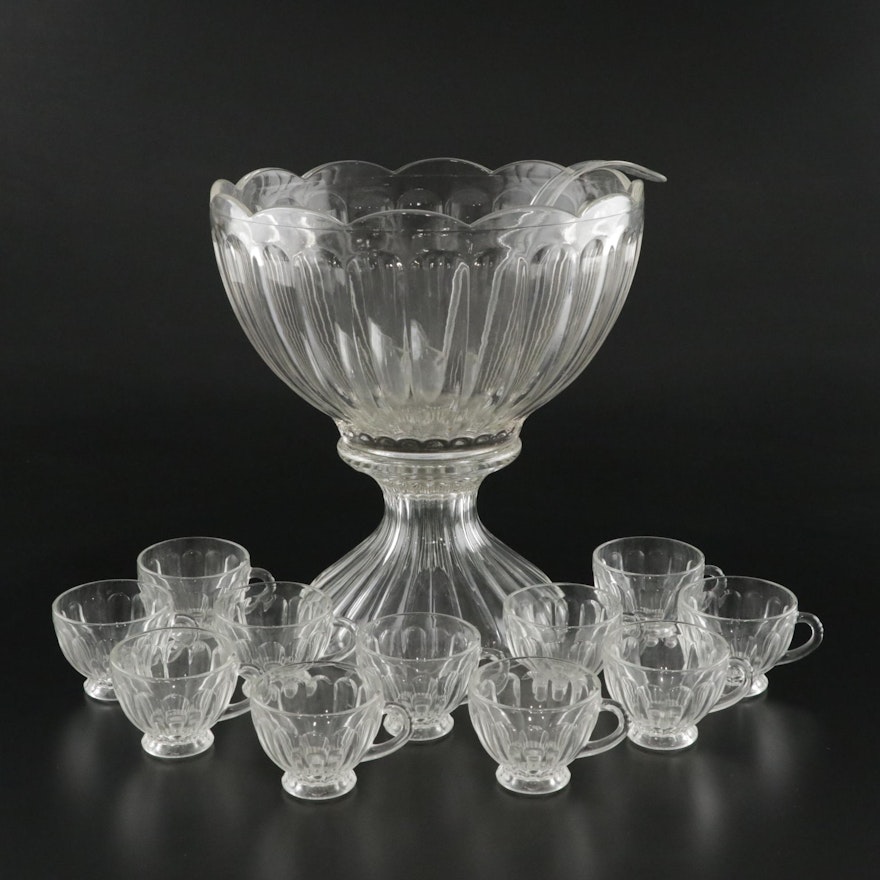 Pressed Glass Fluted Punch Bowl with Stand and Cups, Mid 20th Century ... Pressed Glass Fluted Punch Bowl with Stand and Cups, Mid 20th Century ...