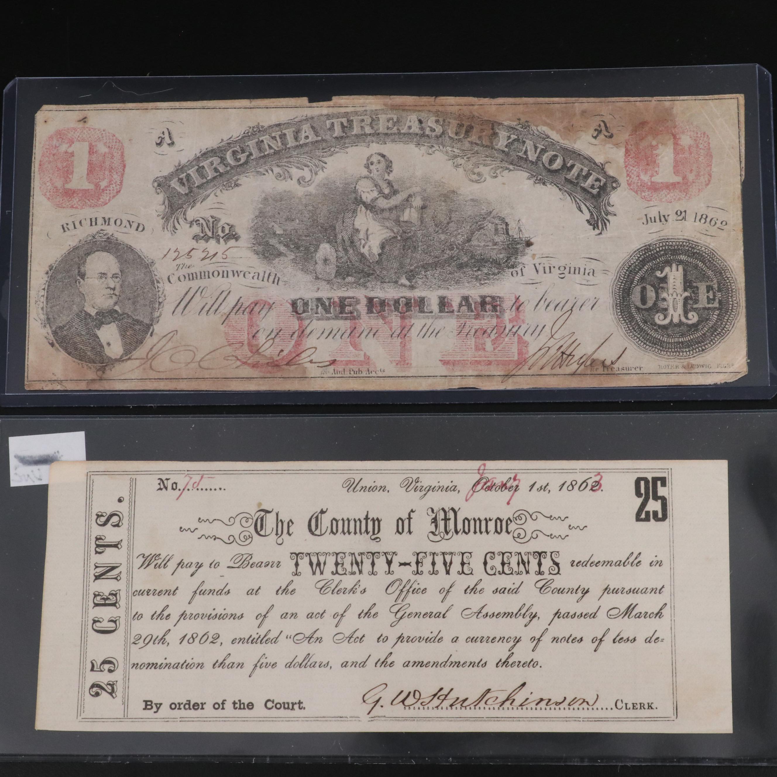 Five Civil War Era Obsolete Virginia Signed Bank Notes With a 90 Cent ...