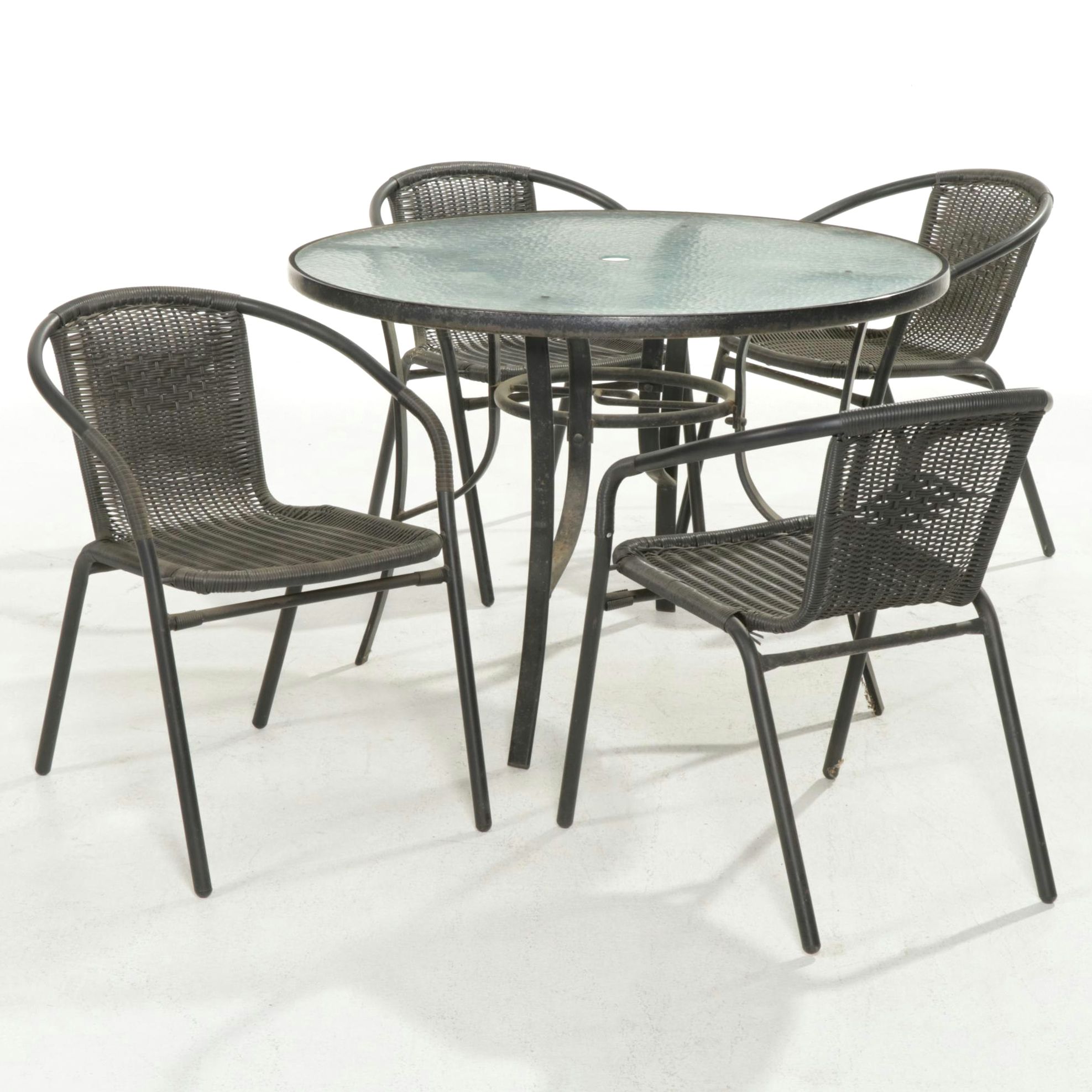 Glass Top Patio Dining Table with Four Tubular Metal and Resin Wicker ...