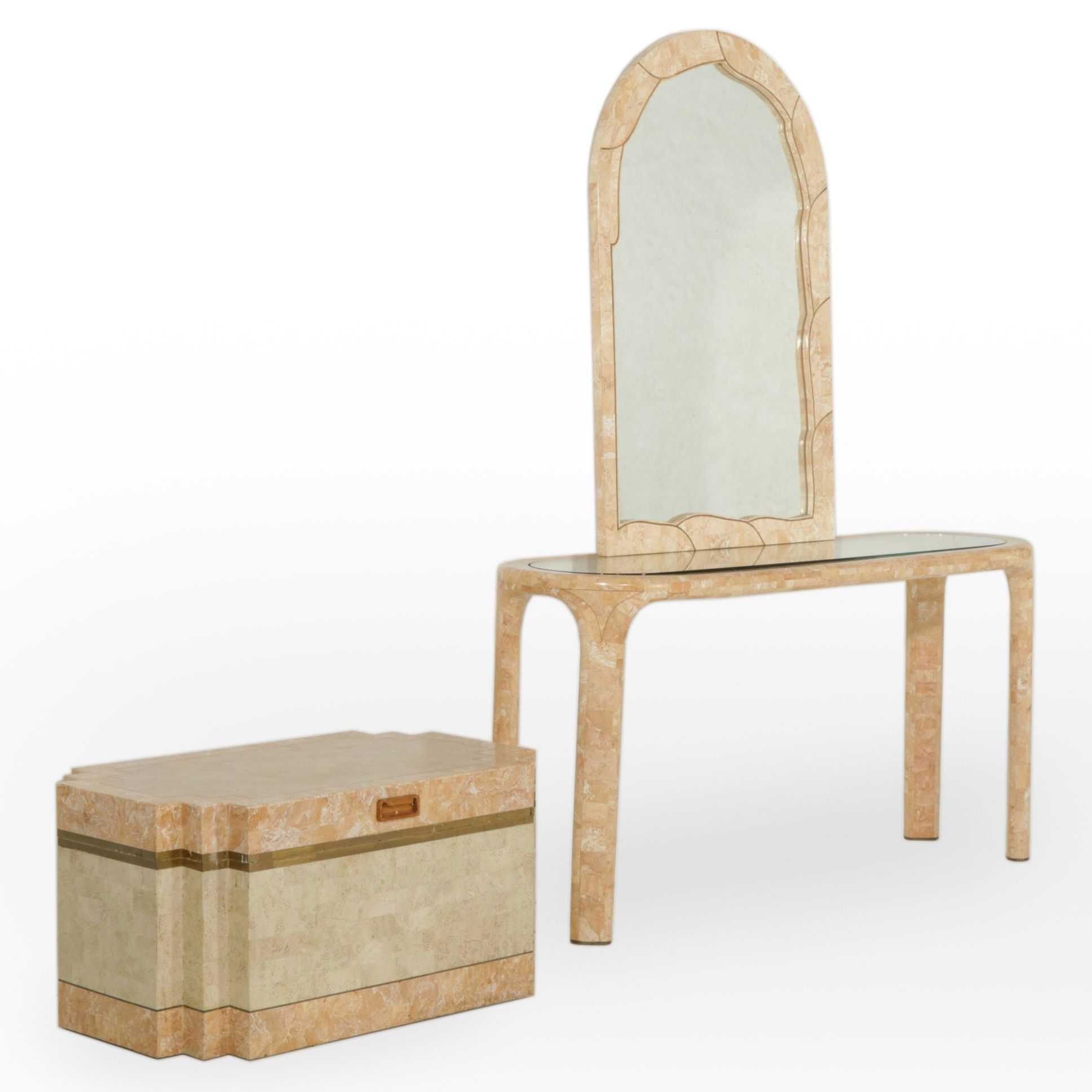 Art Deco Revival Brass-Inlaid and Tessellated Pink Marble Vanity Table ...