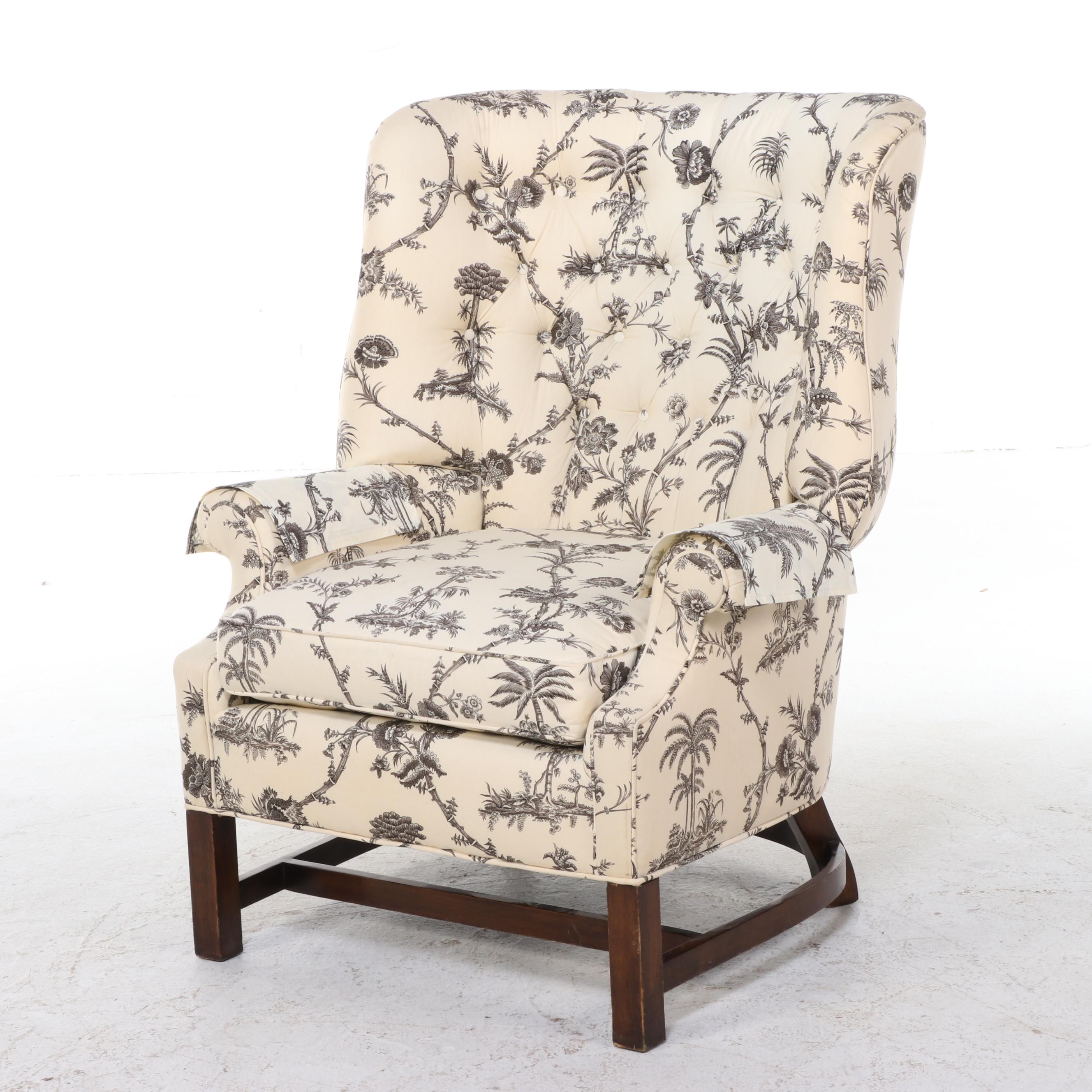 Chippendale Style Hardwood and Buttoned-Down Toile Barrel-Back Wing ...