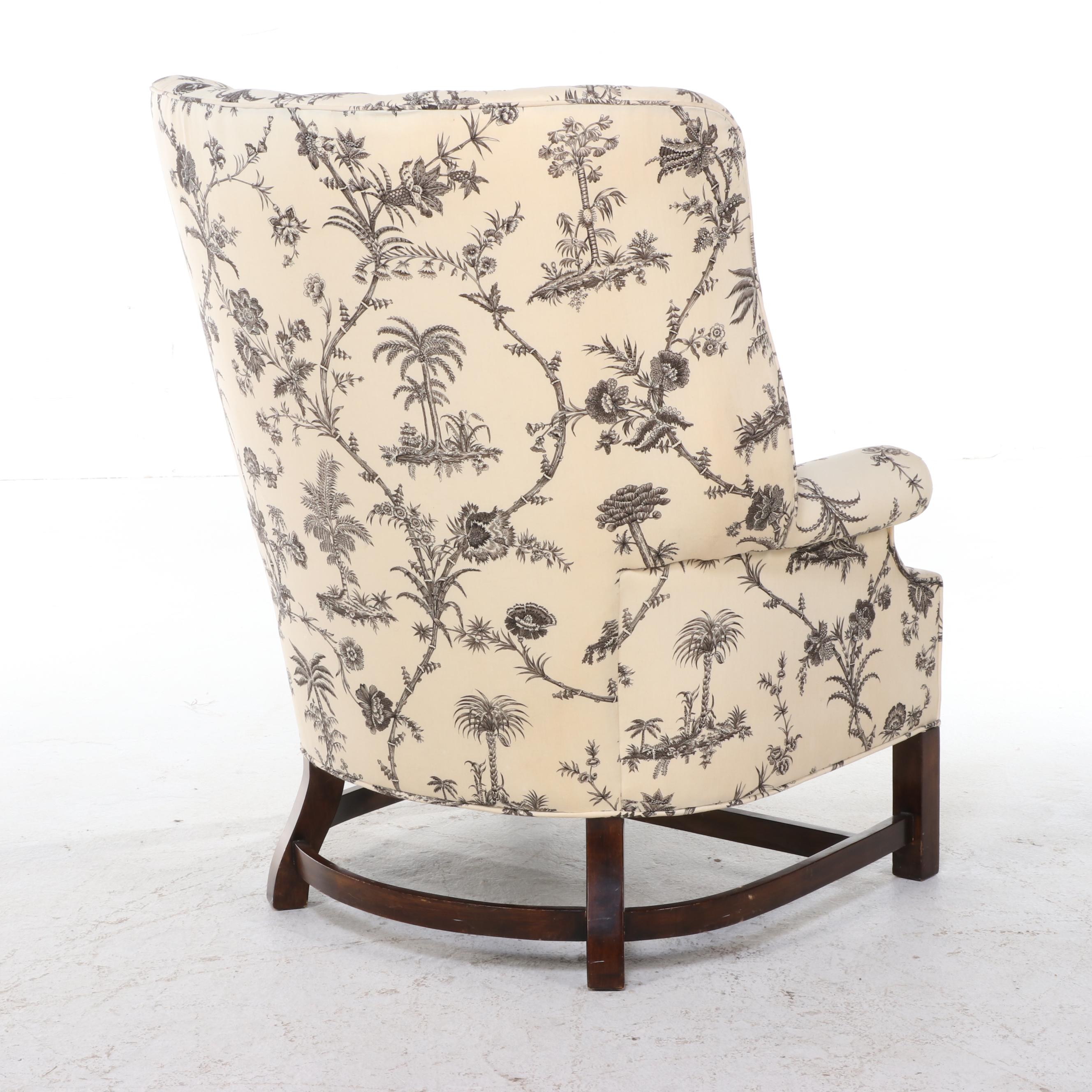 Chippendale Style Hardwood and Buttoned-Down Toile Barrel-Back Wing ...