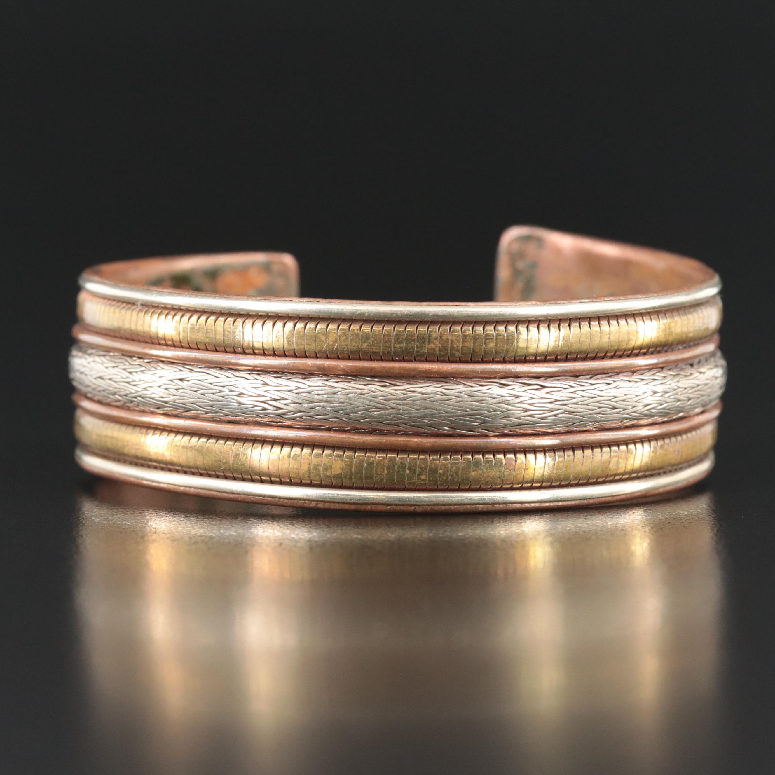 Tri-Color Cuff with Snake and Wheat Chain Detail | EBTH