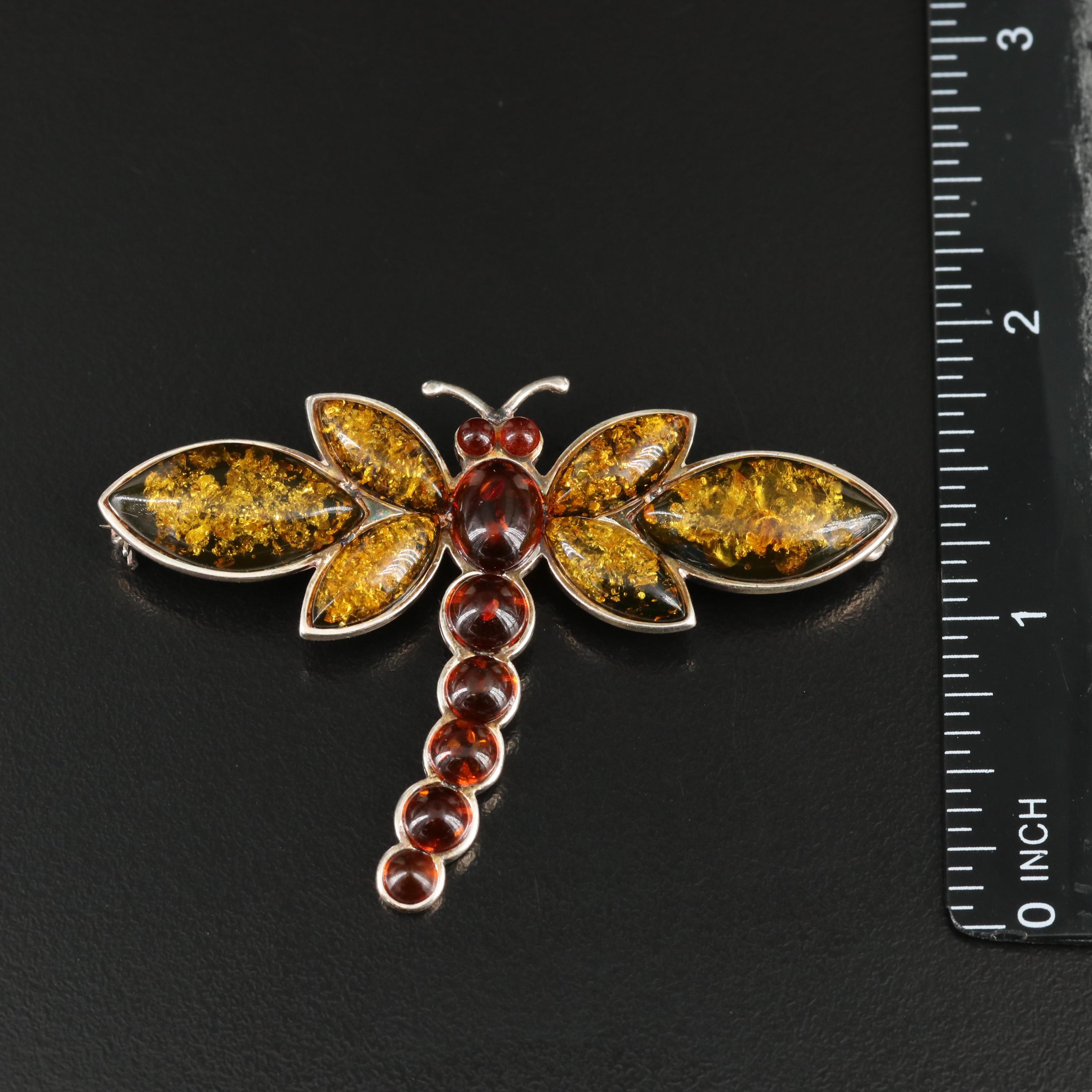 Sterling Amber Dragonfly Brooch | EBTH