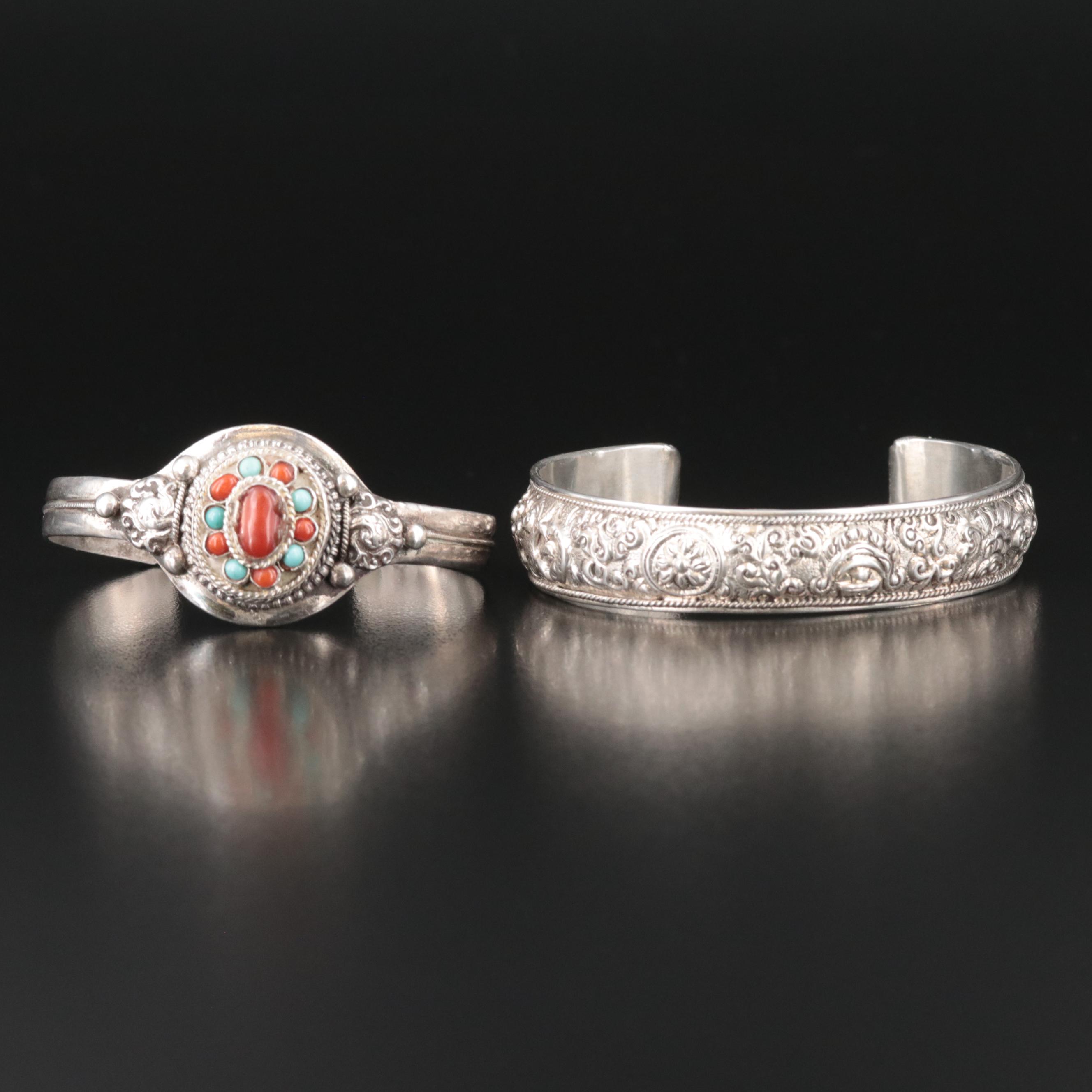 Asian Sterling Cuffs with Coral, Turquoise and Chinese Auspicious ...