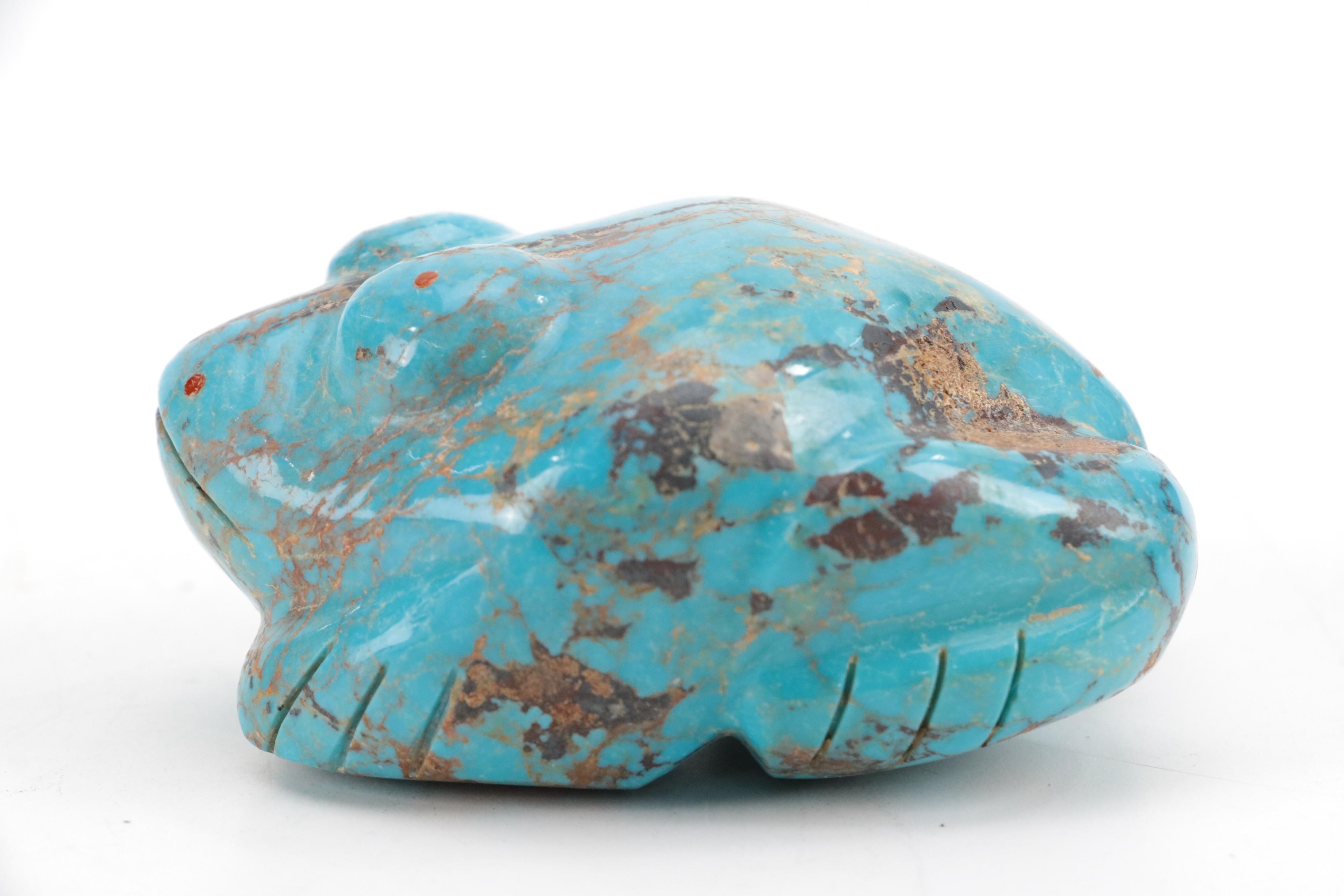 3.5" Zuni Polished Carved Turquoise and Coral Frog | EBTH