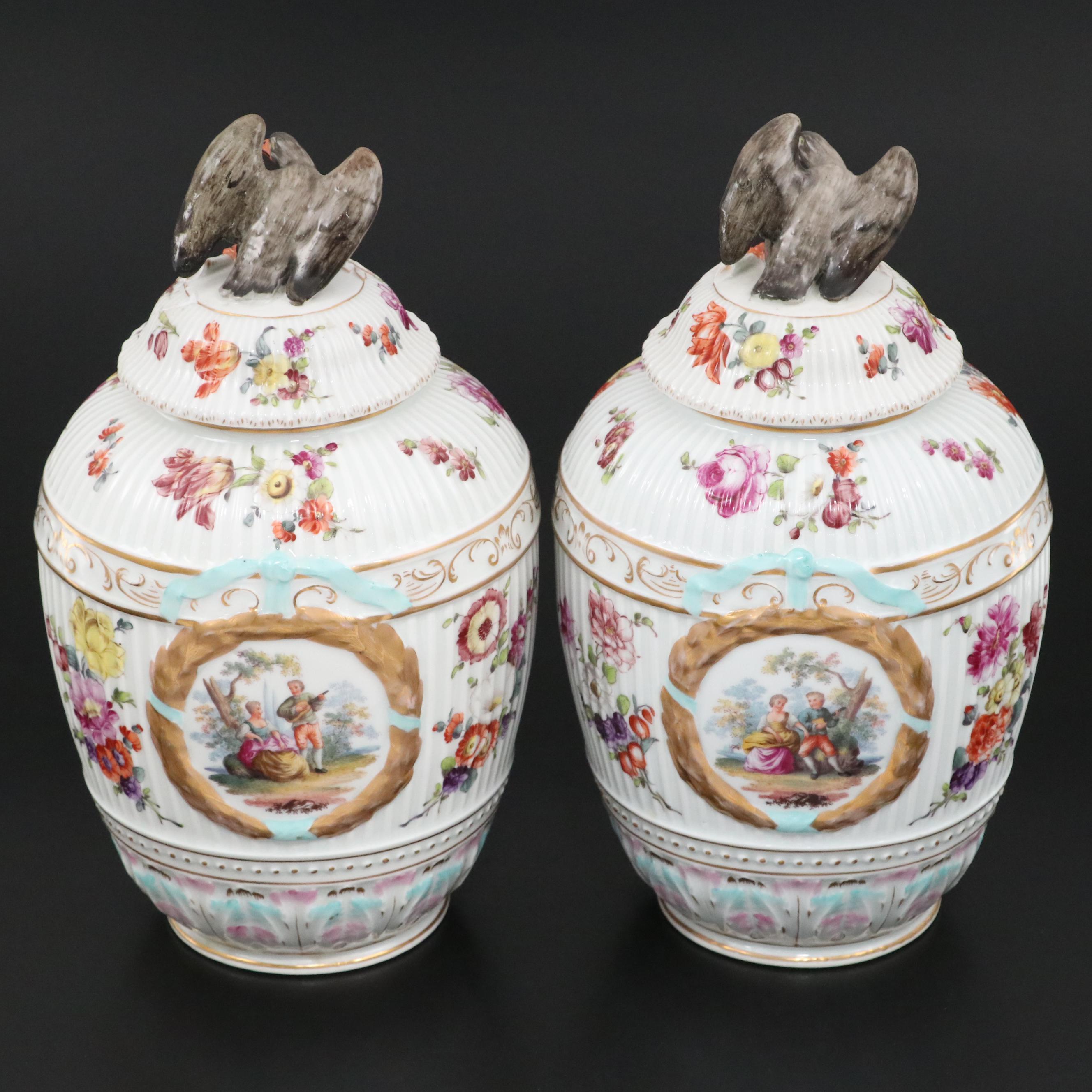 Pair of Helena Wolfsohn Dresden Porcelain Lidded Urns with Royal Eagle ...