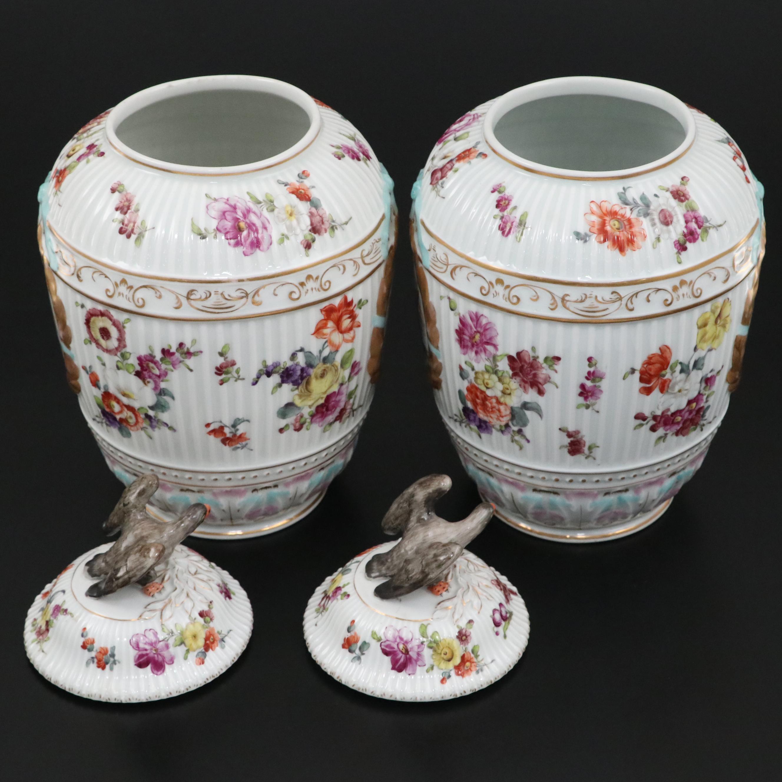 Pair of Helena Wolfsohn Dresden Porcelain Lidded Urns with Royal Eagle ...