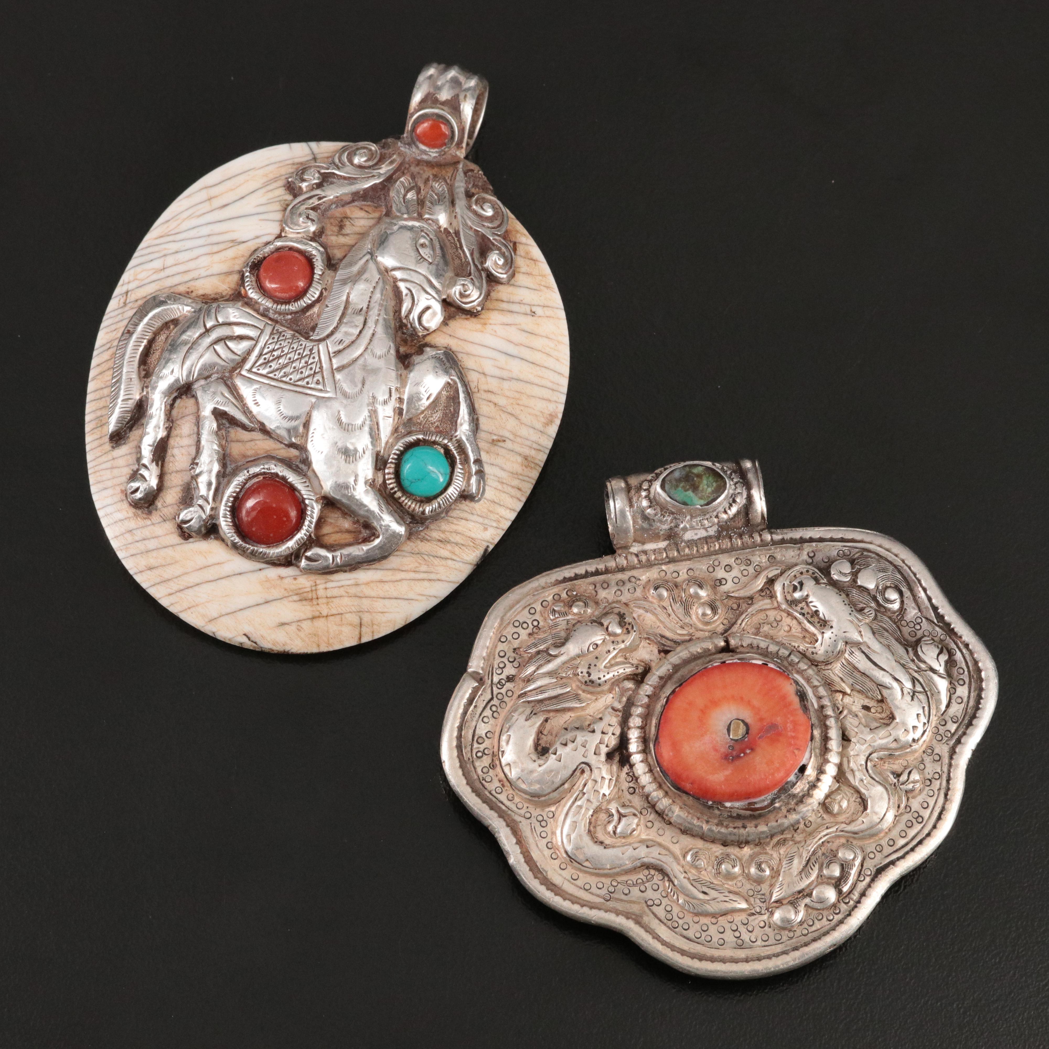 Tibetan Sterling Coral and Shell Pendants | Everything But The House
