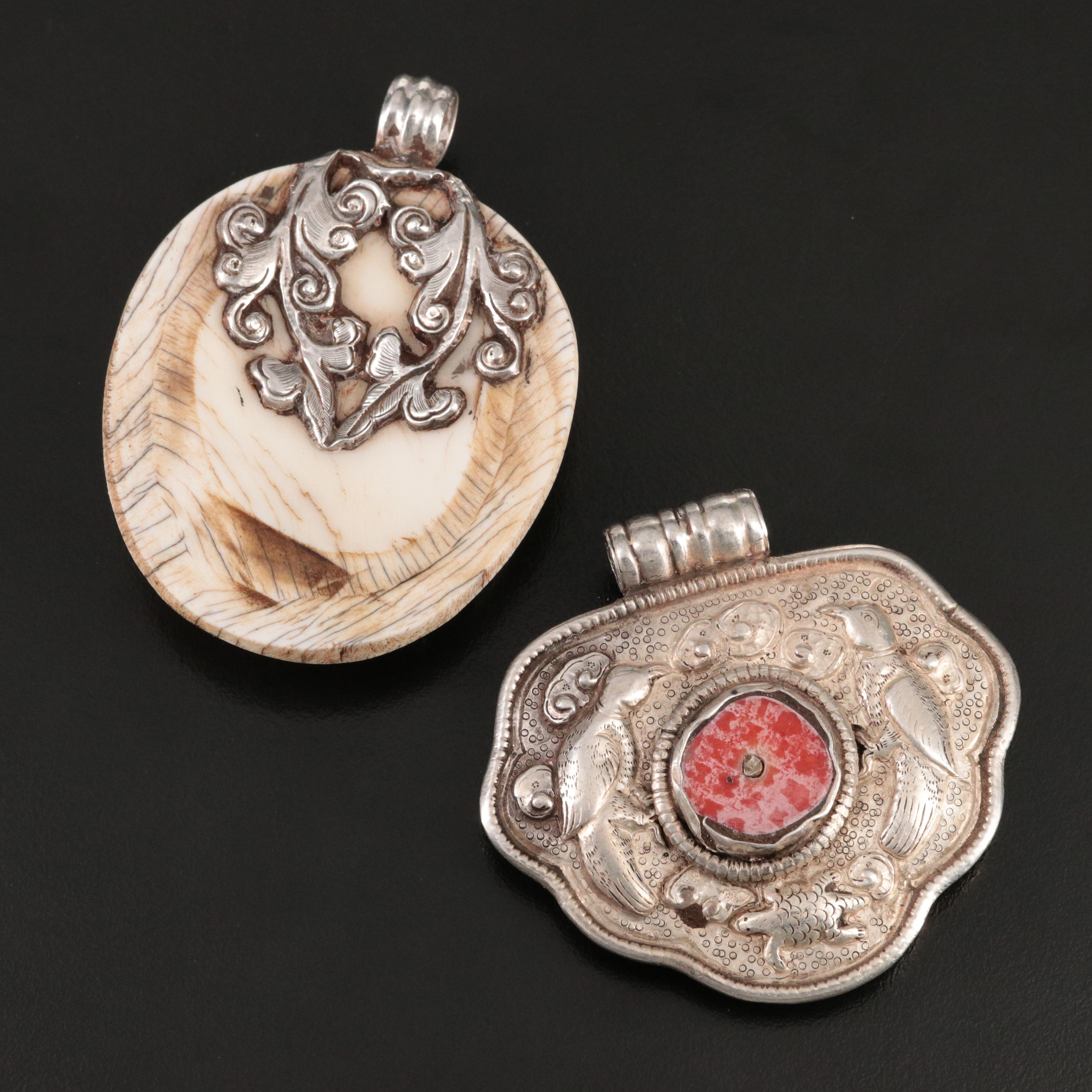 Tibetan Sterling Coral and Shell Pendants | EBTH