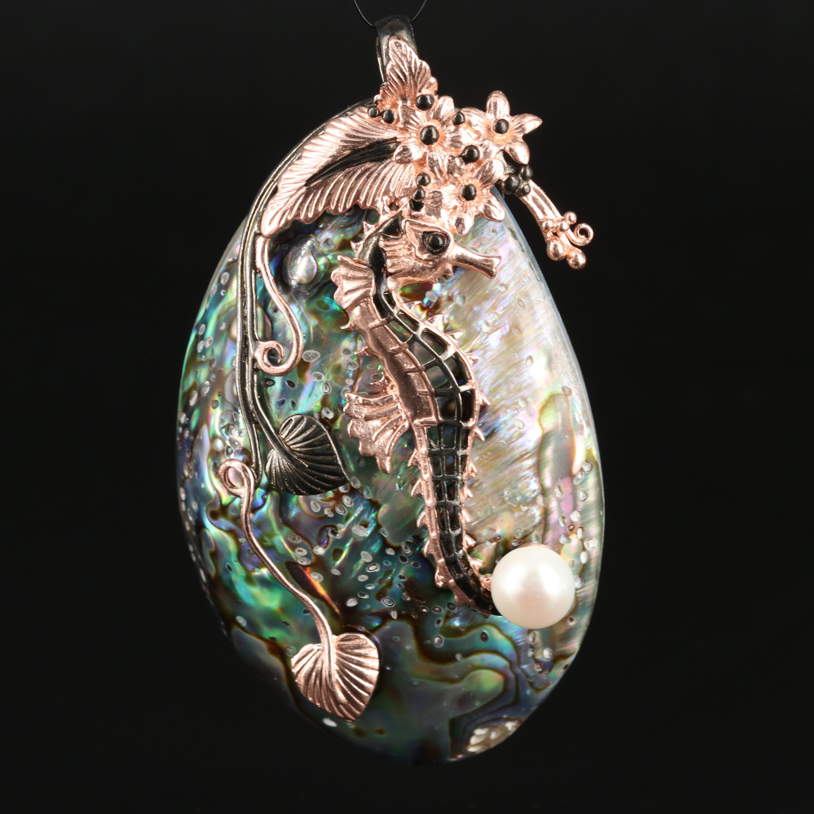 Sterling Abalone, Pearl, and Mother of Pearl Seahorse Pendant ...