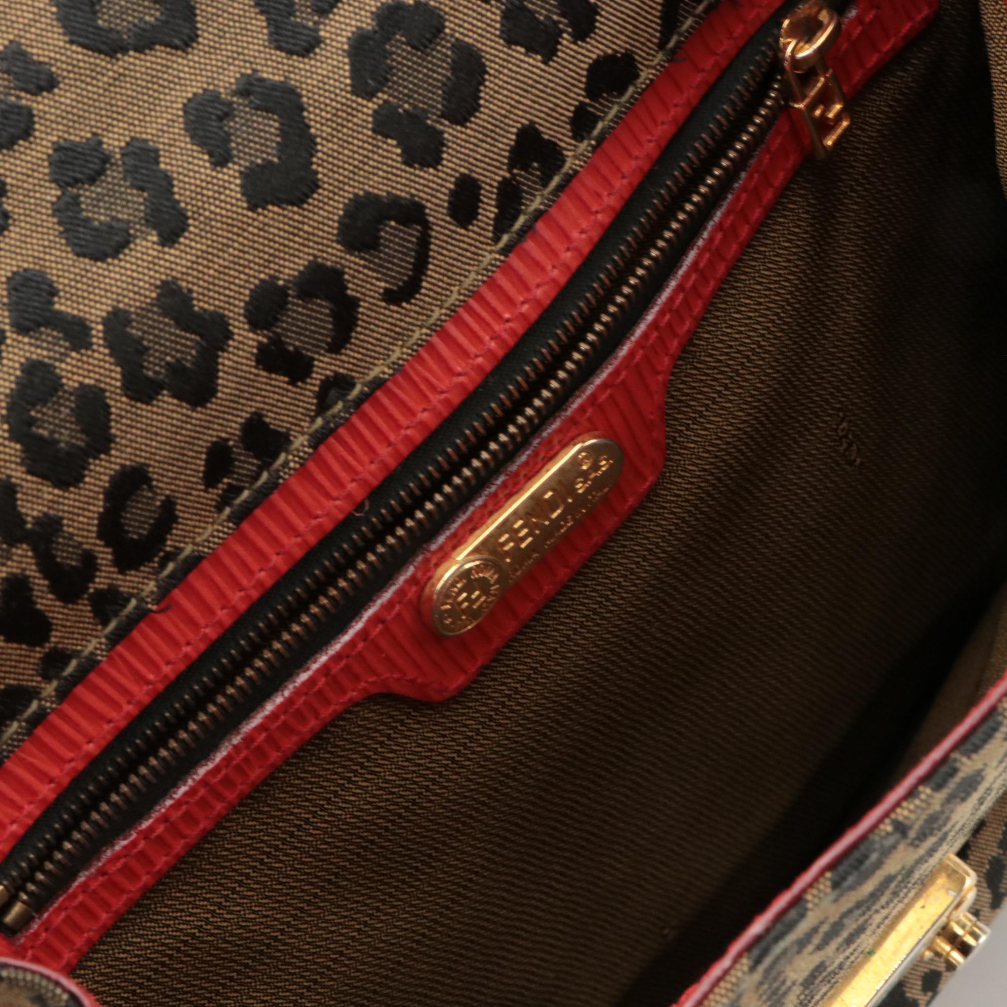 Fendi Leopard Canvas and Red Textured Leather Backpack | EBTH