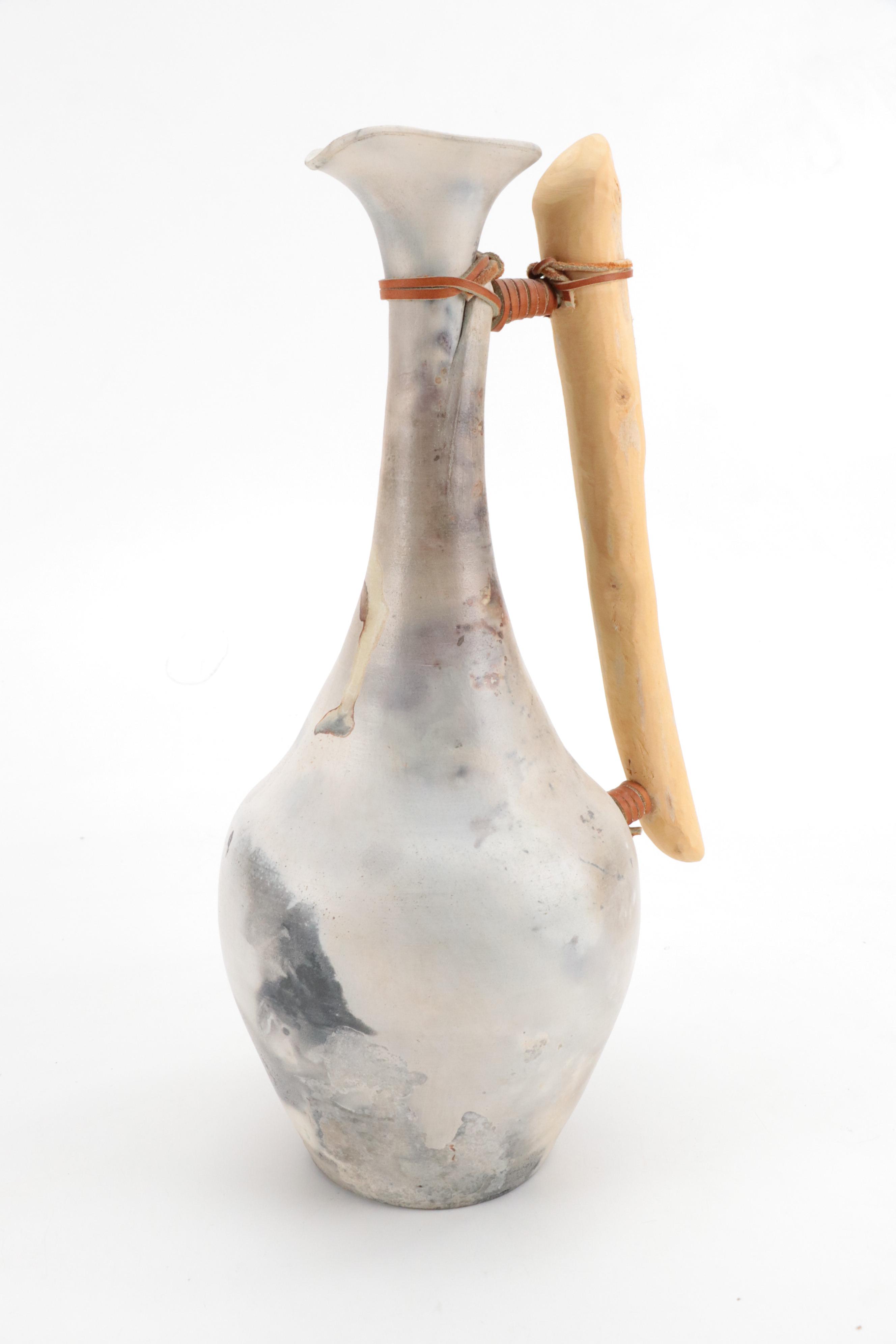 Multicolored Glazed Ceramic Pitcher with Wooden Handle | EBTH