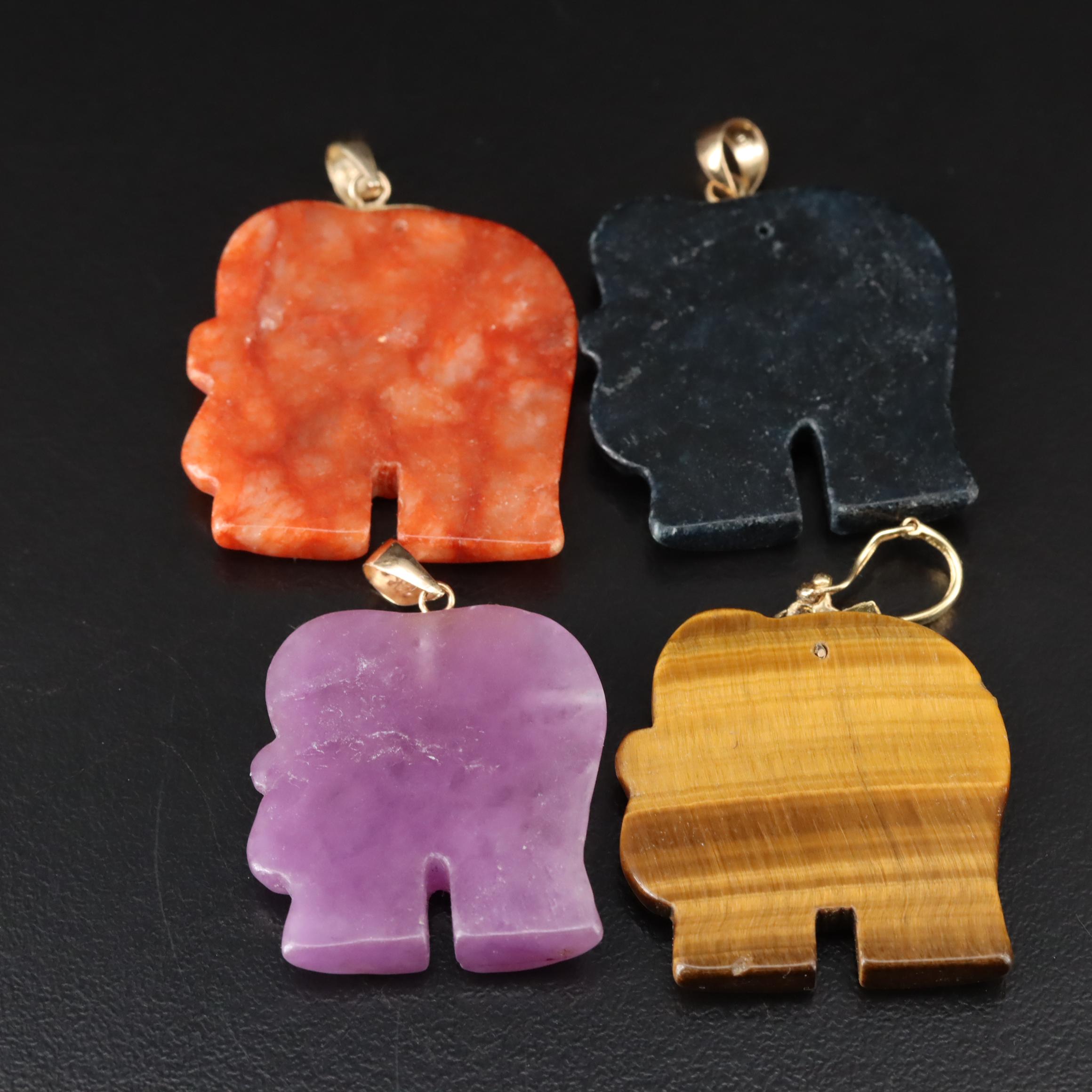 10K & 14K Carved Elephant "Good Luck" Pendants Including Jadeite and ...