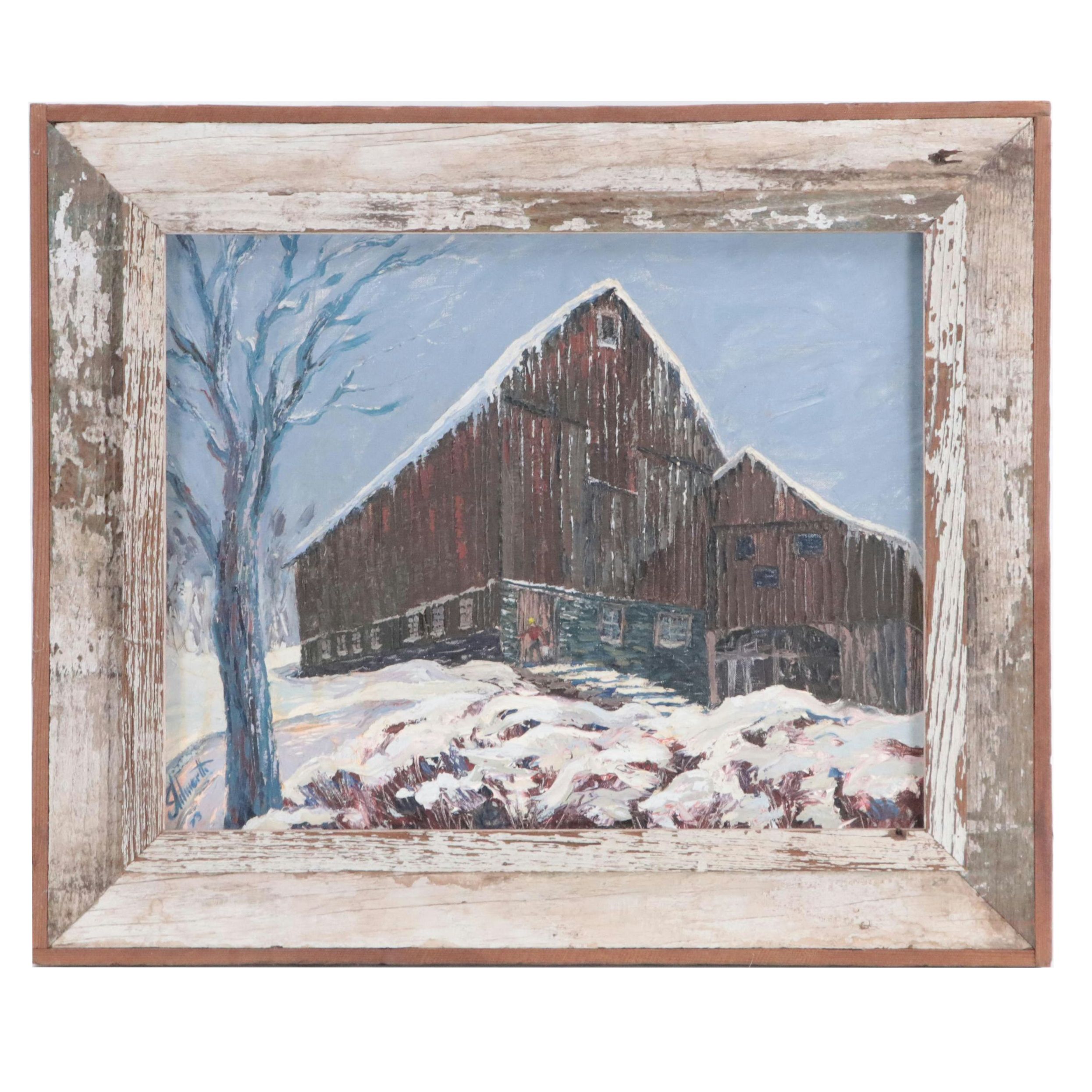 Winter Landscape With Barn Oil Painting, 1973 | EBTH