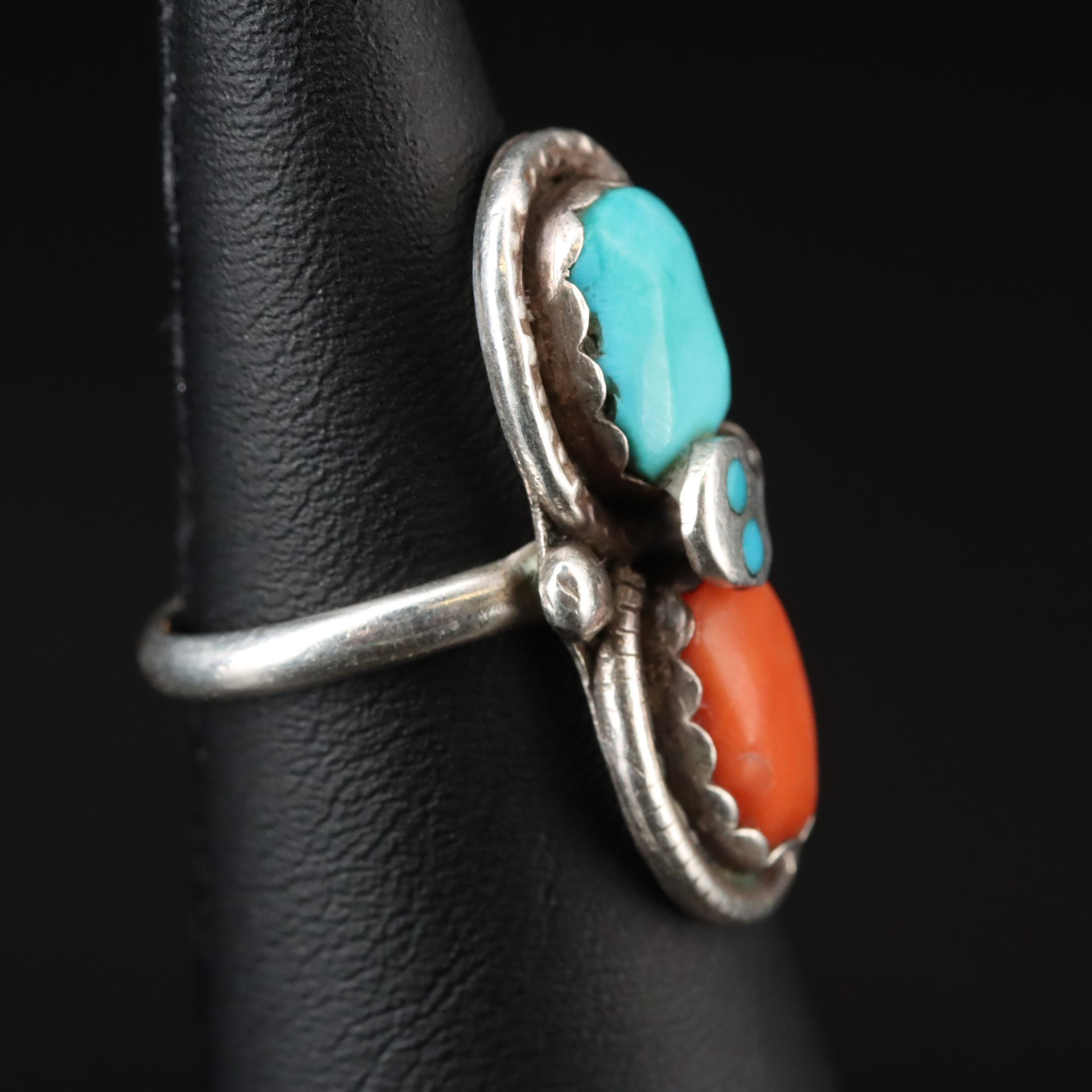 Effie Calavaza Zuni Sterling Coral and Turquoise Snake Ring ...