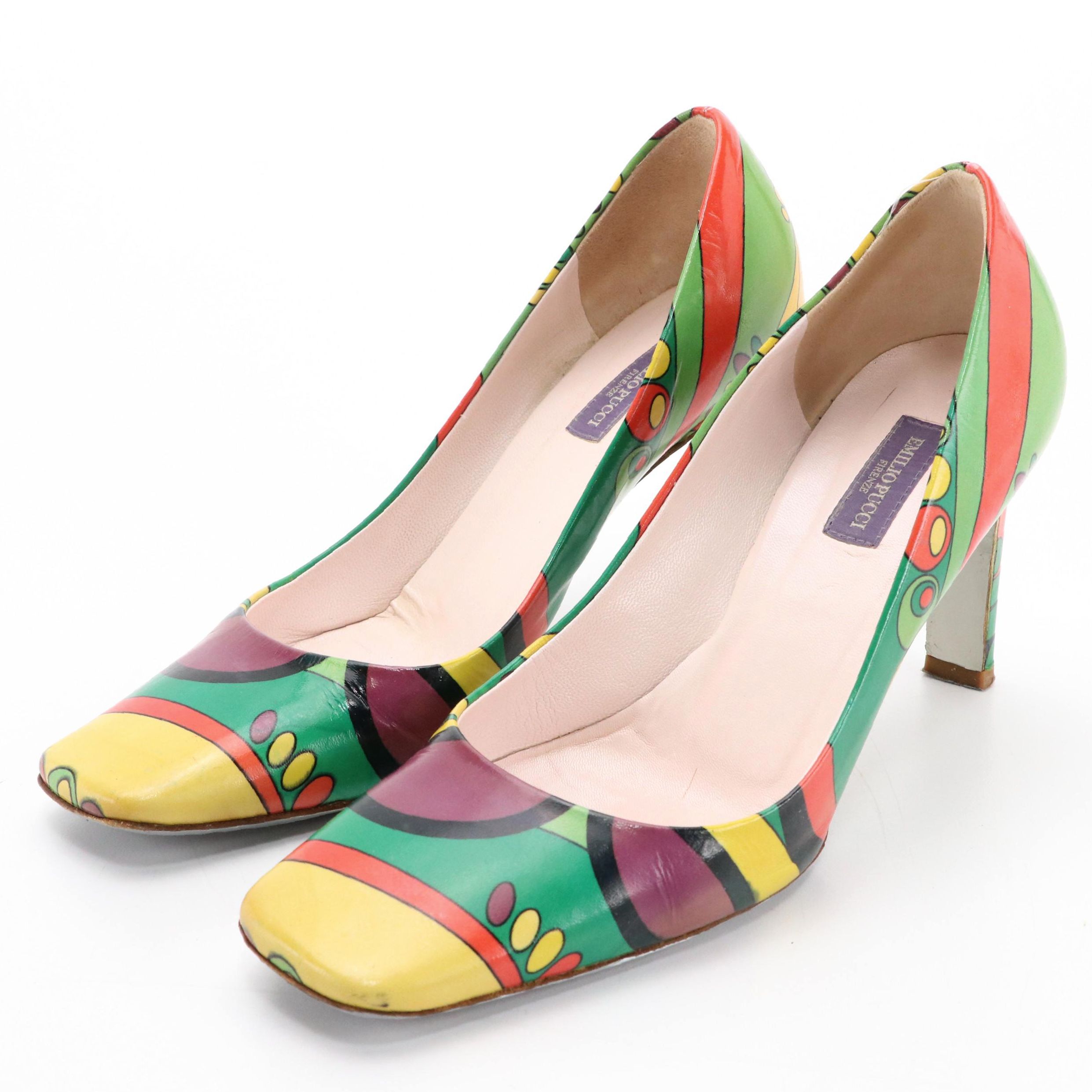 Emilio Pucci Multicolor Peony Patent Leather Square-Toe Heels With Box ...