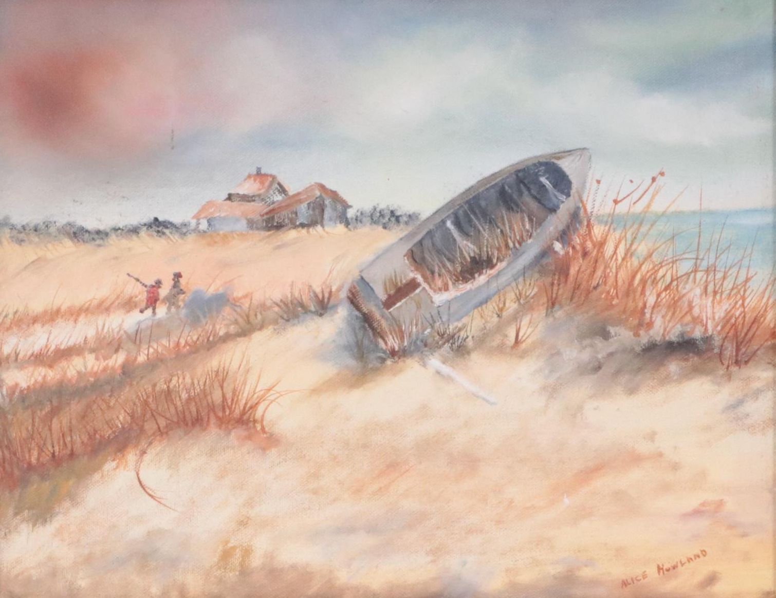 Alice Howland Oil Painting of Coastal Seascape with Boat and Figures ...