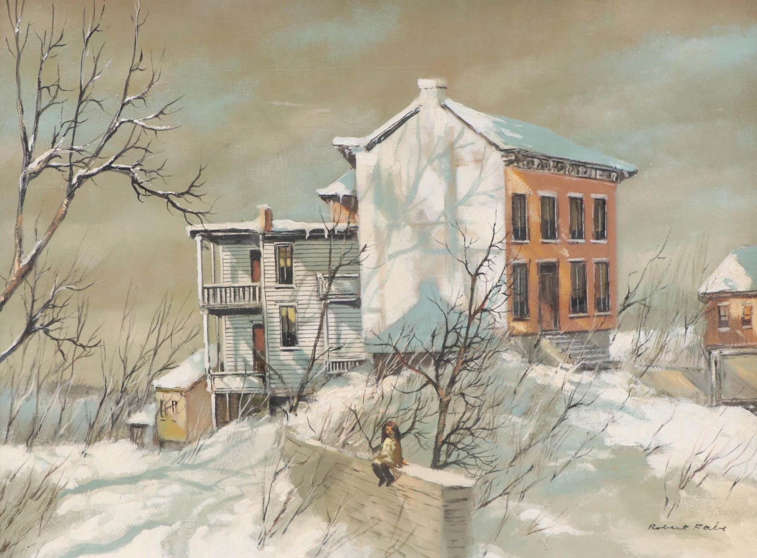 Robert Fabe Snowy Residential Landscape Oil Painting, Mid to Late 20th ...