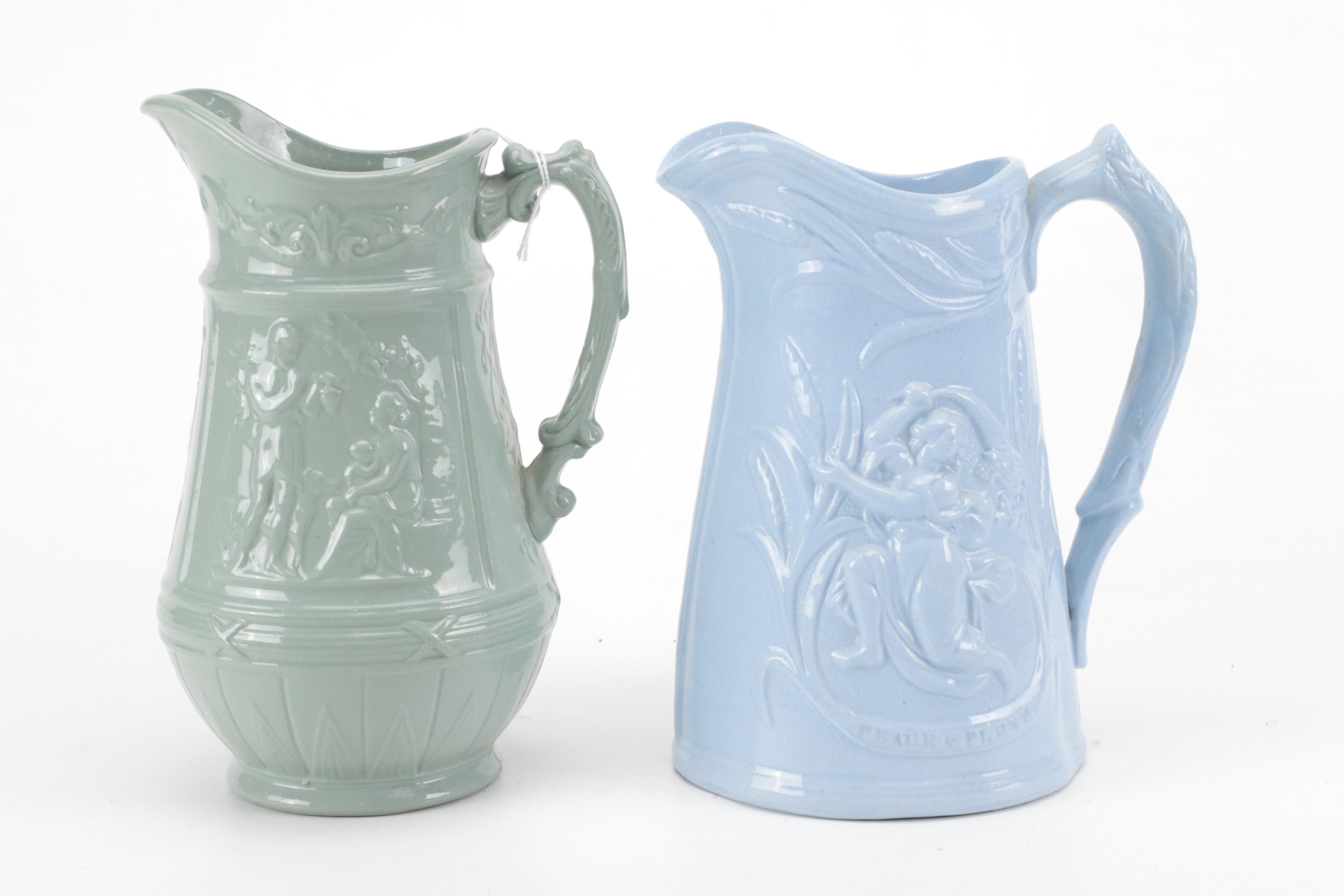 Molded Salt Glazed Ceramic Pitchers with Neoclassical Style Motifs ...