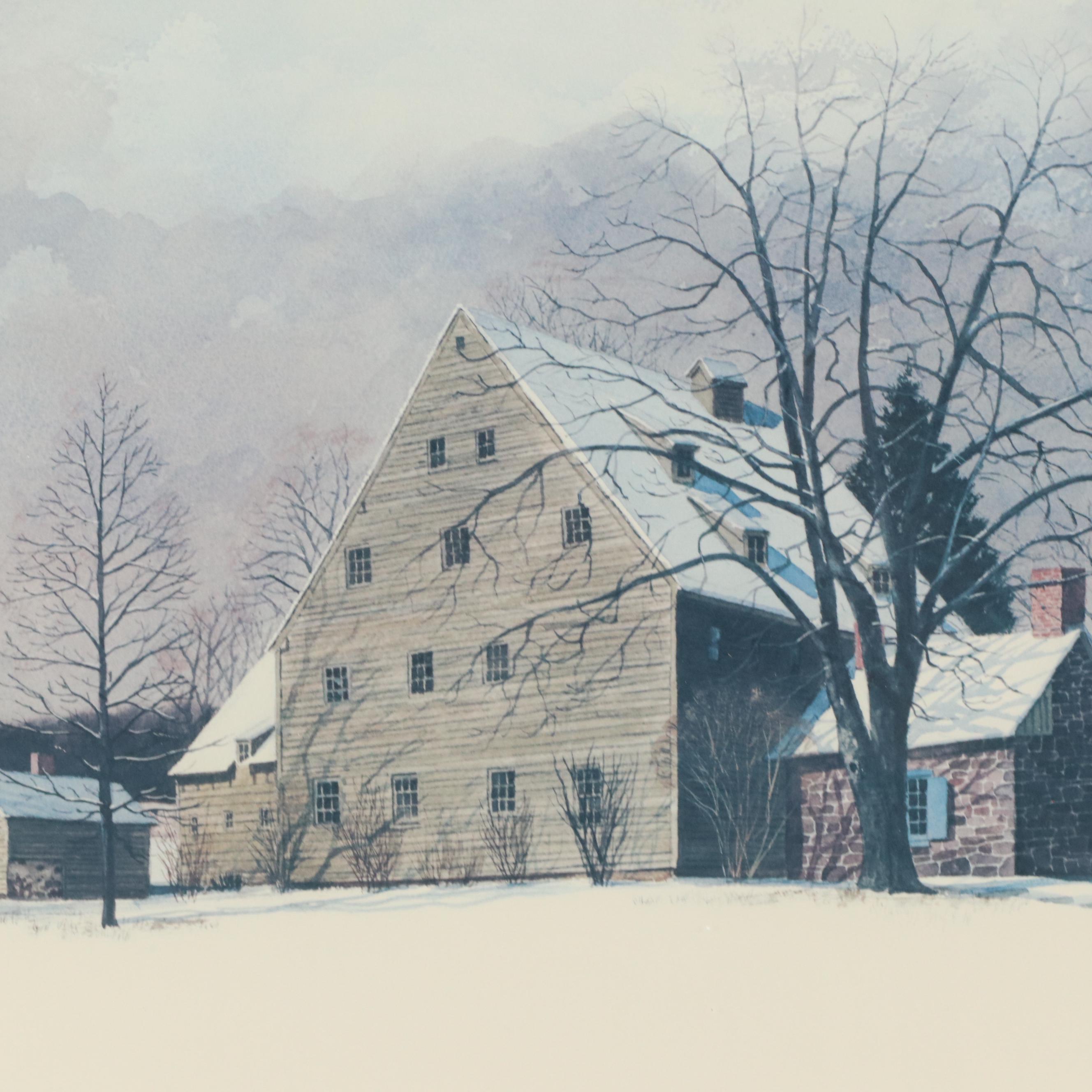 Mildred Sands Kratz Offset Lithograph of Winter Farm Landscape, 1987 ...