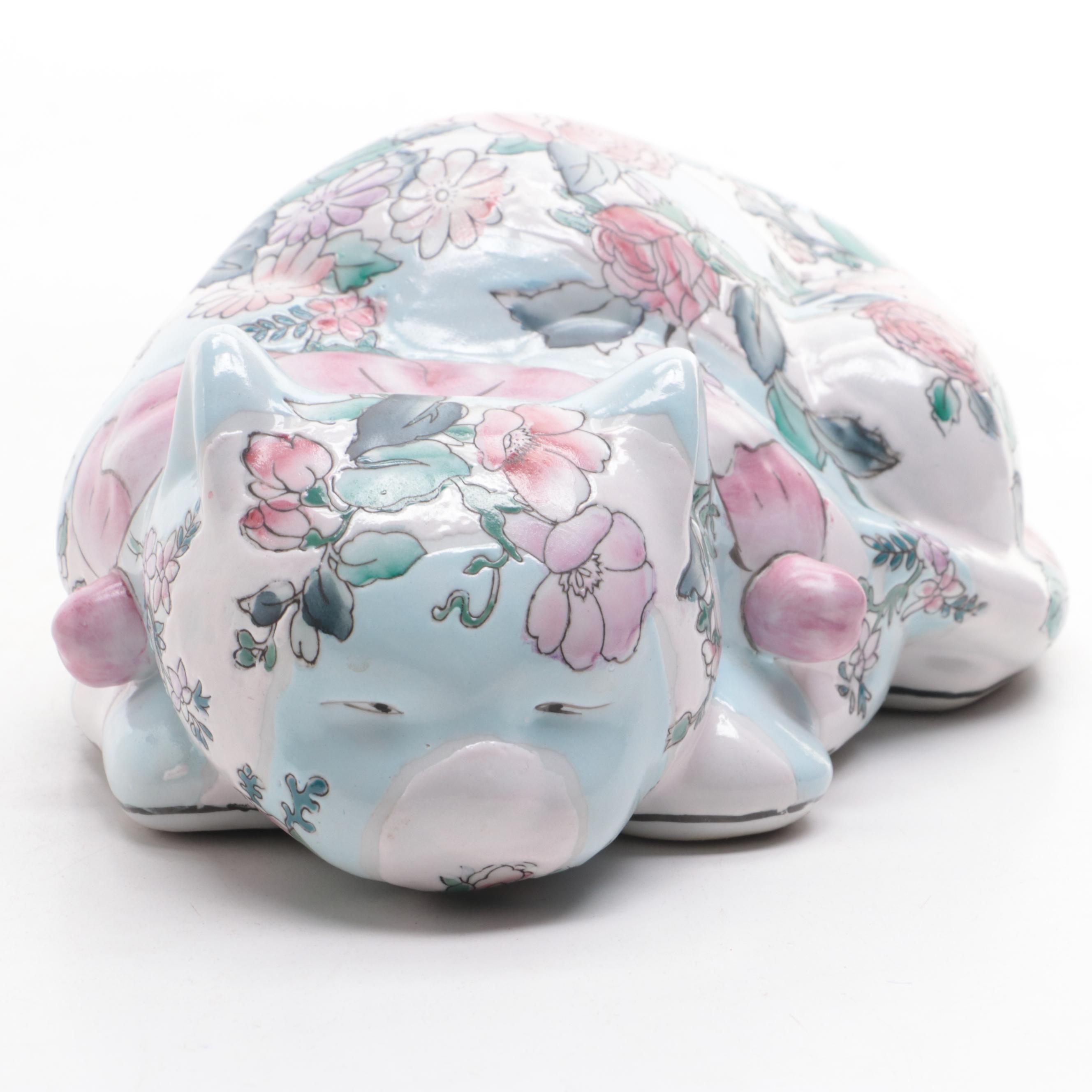 Chinese Pink Blossom Hand-Painted Porcelain Cat | EBTH