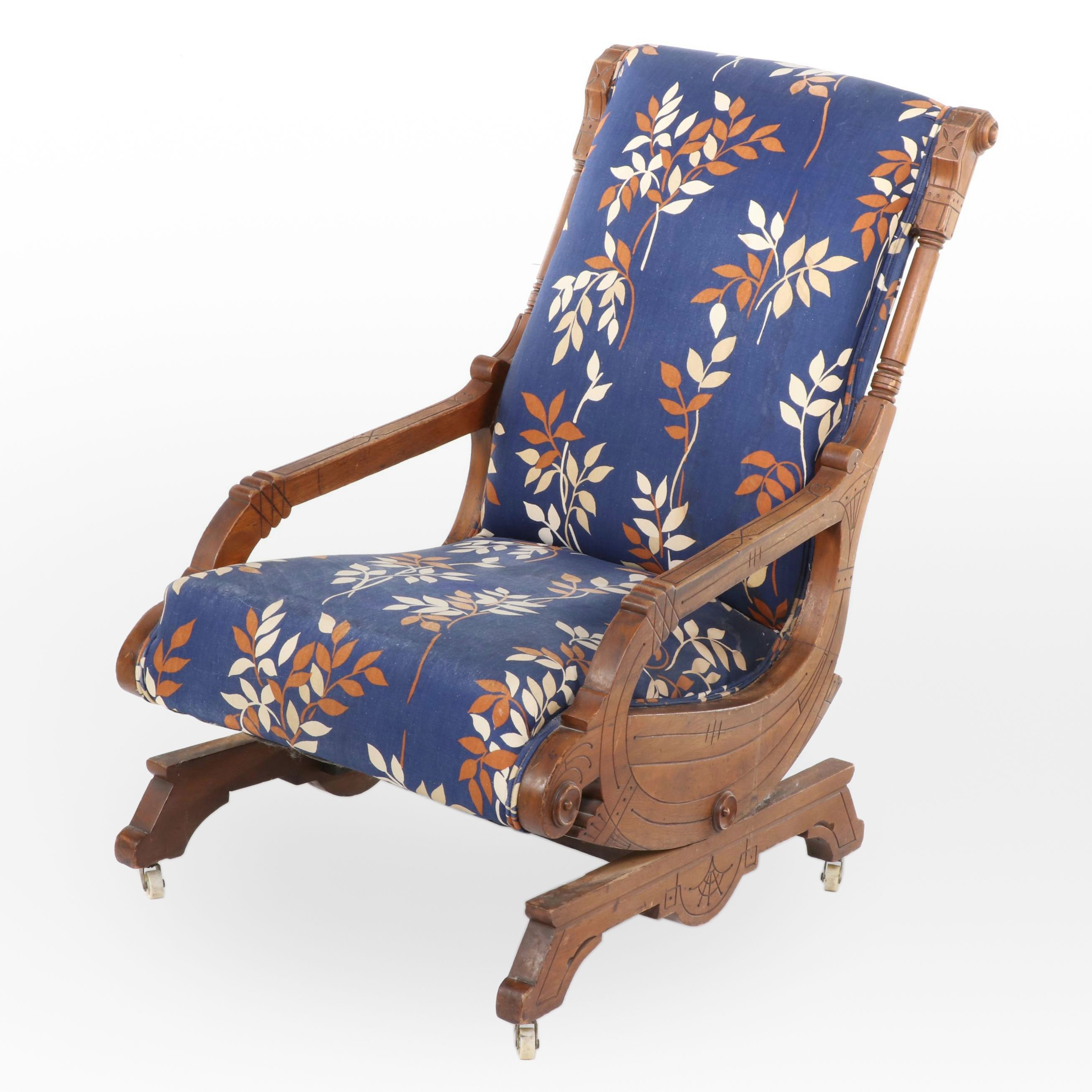 Victorian Walnut, Burl Walnut, and Custom-Upholstered Platform Rocker ...