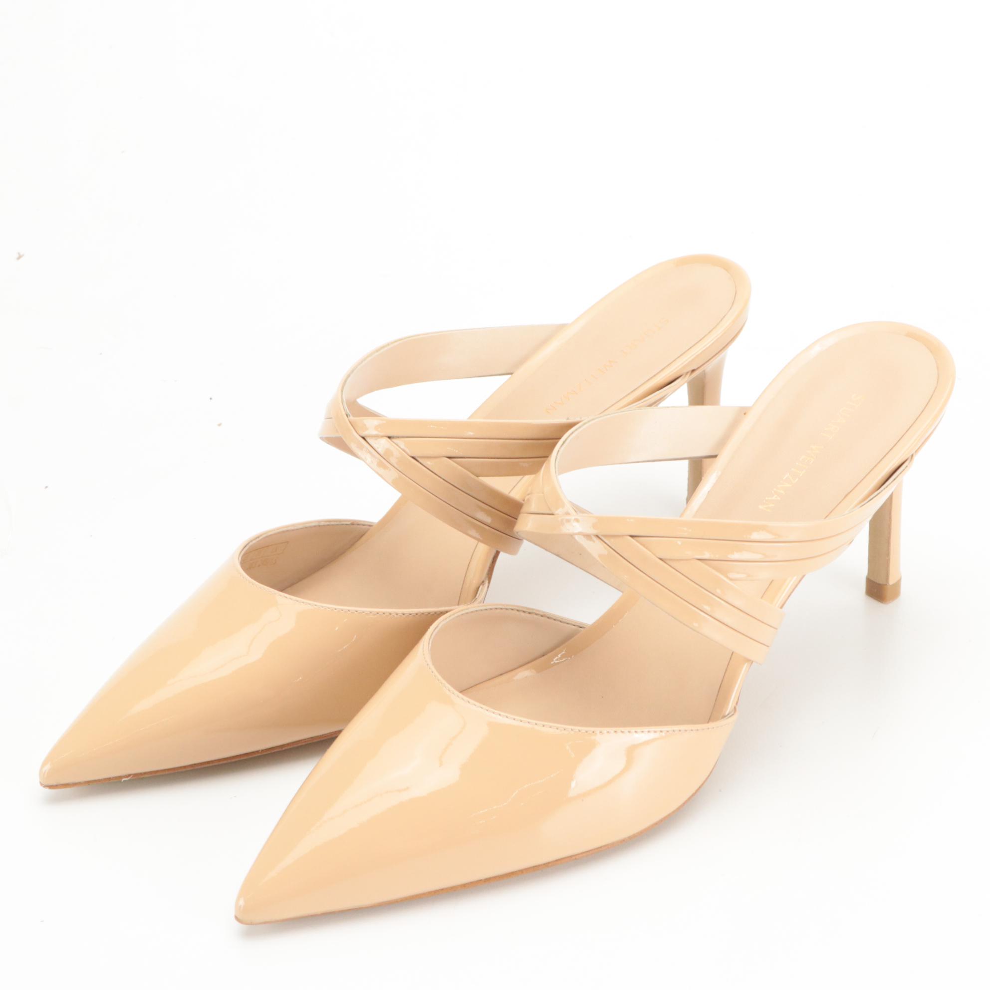 Stuart Weitzman Cutout Mules in Beige Patent Leather with Cork Wedge ...