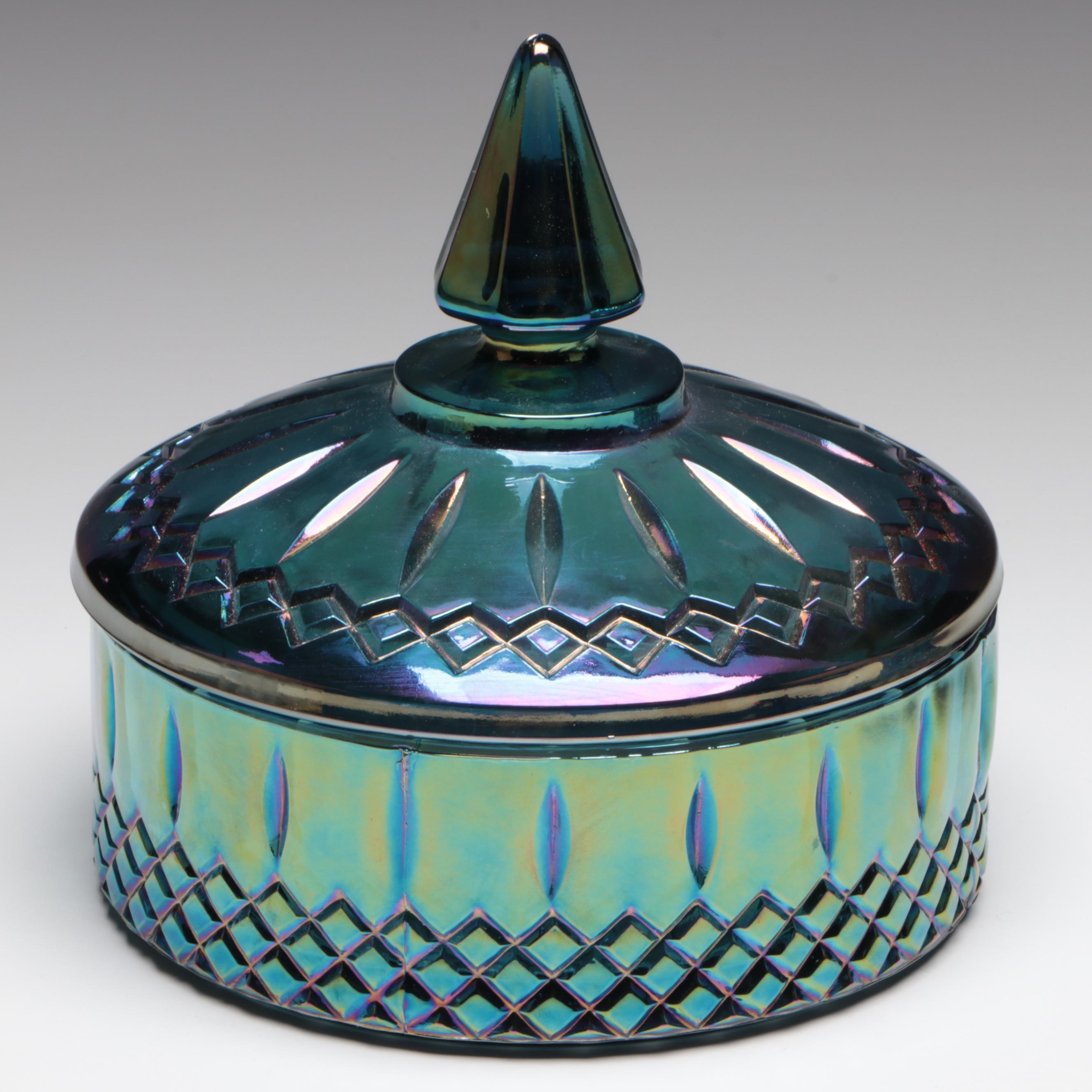 Indiana Glass "Princess" Blue Carnival Glass Candy Box & L.E. Smith ...