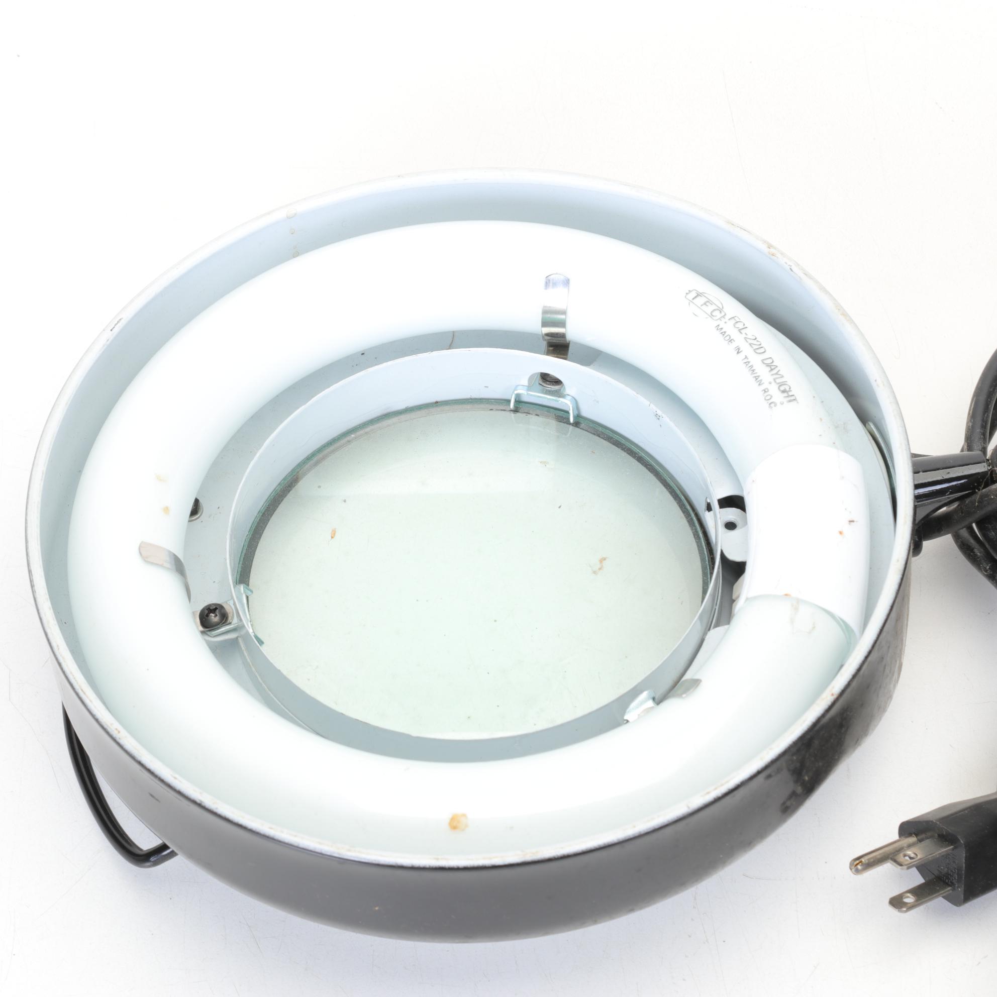 Two Black Articulated Desk Hobby Lamps with Magnification Lenses ...