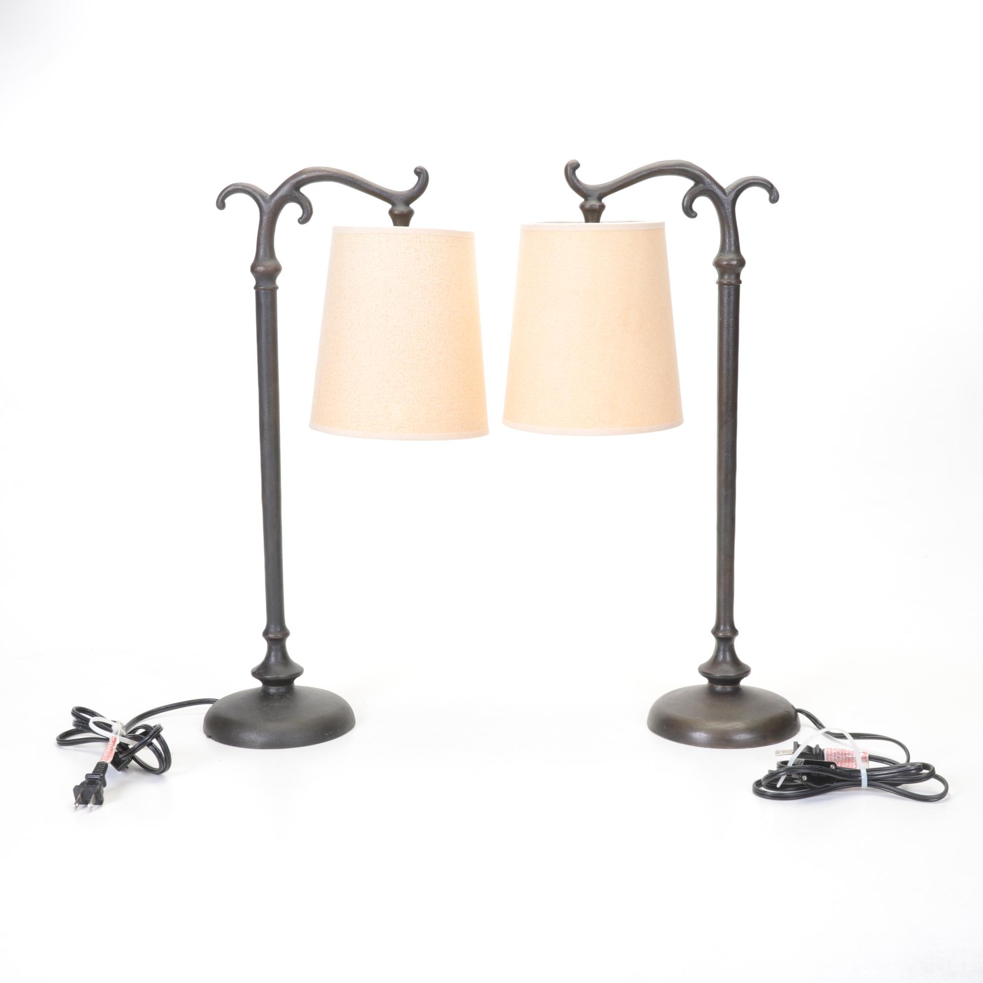 Pottery Barn Bronze Finish Bridge Arm Desk Lamps with Paper Shades ...
