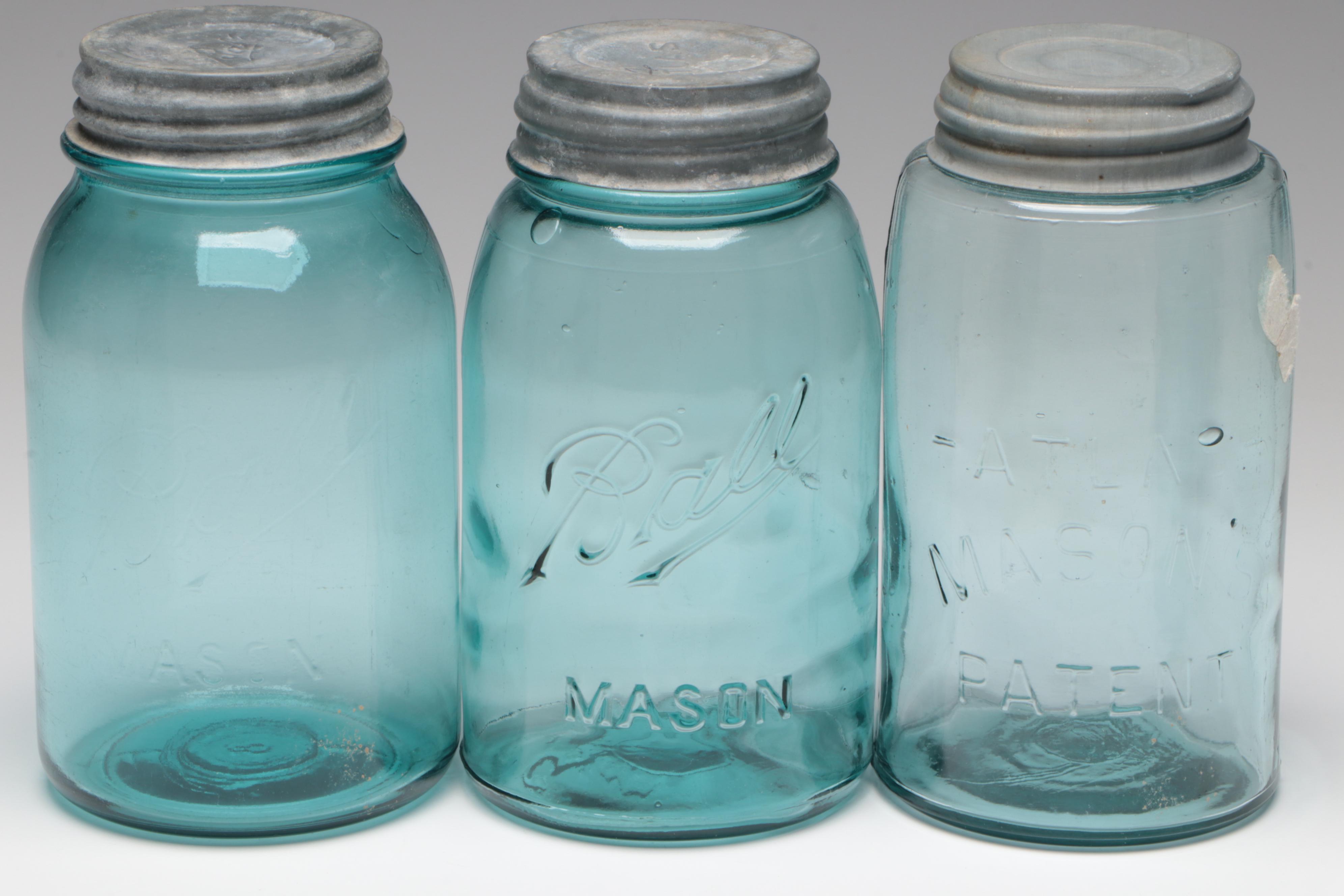 Ball Mason and Atlas Blue Glass Canning Jars, Early to Mid-20th Century ...