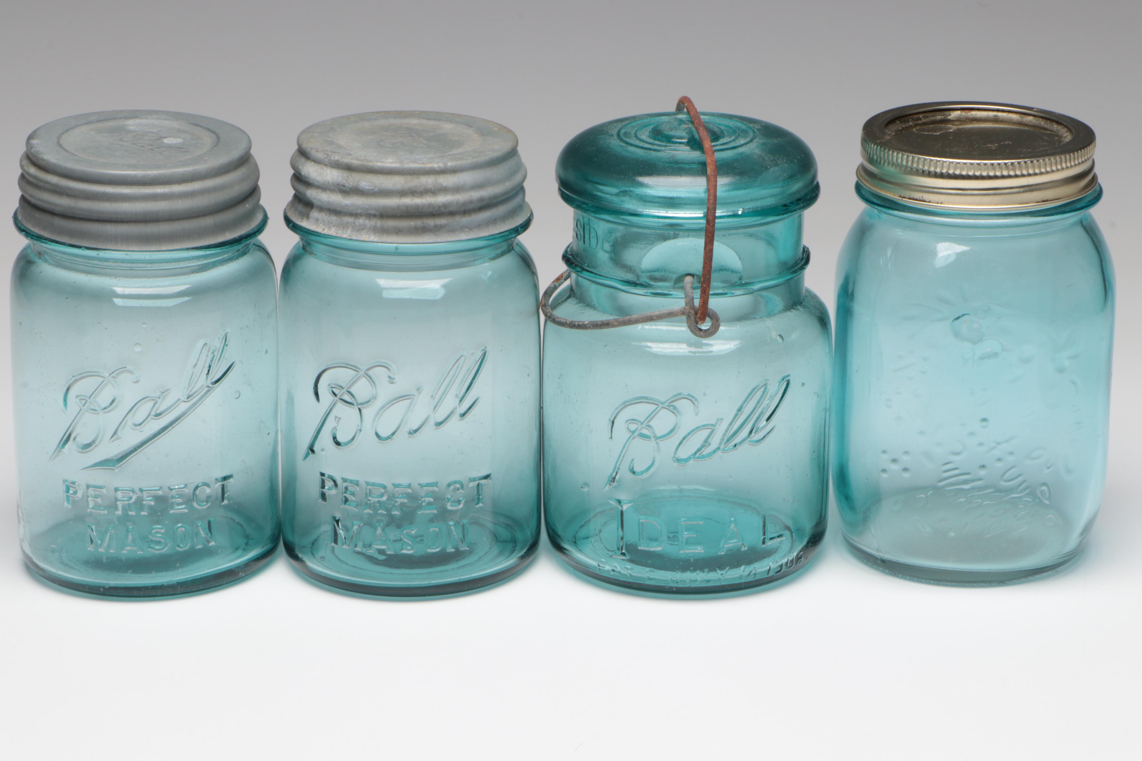 Ball Mason and Atlas Blue Glass Canning Jars, Early to Mid-20th Century ...