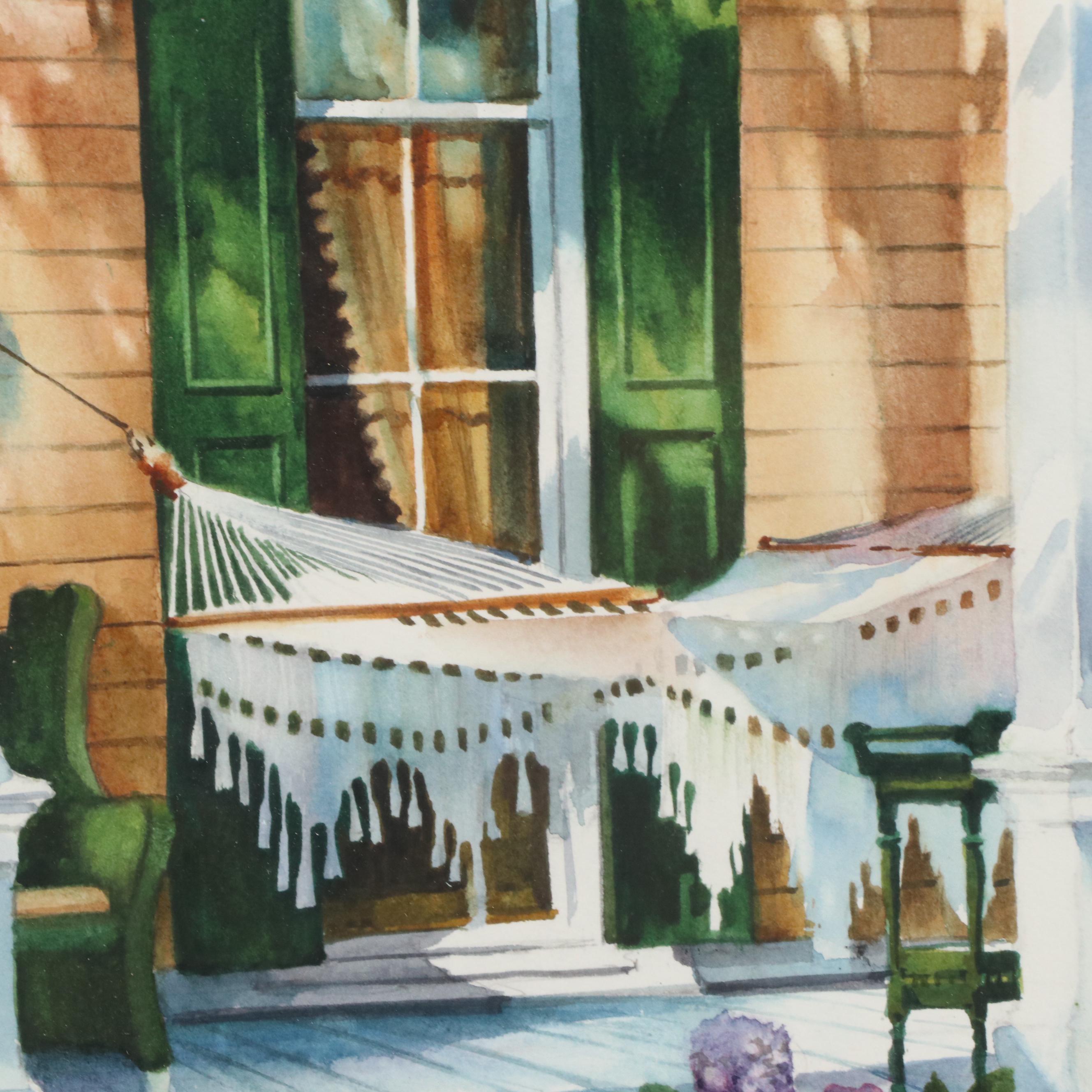 Gustave Wander Architectural Watercolor Painting of Front Porch with ...