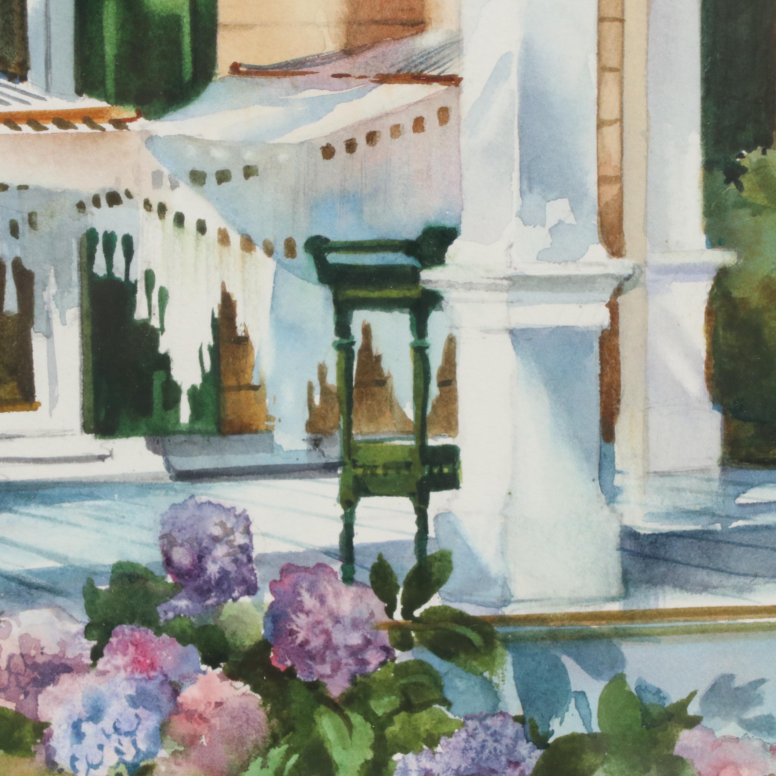 Gustave Wander Architectural Watercolor Painting of Front Porch with ...