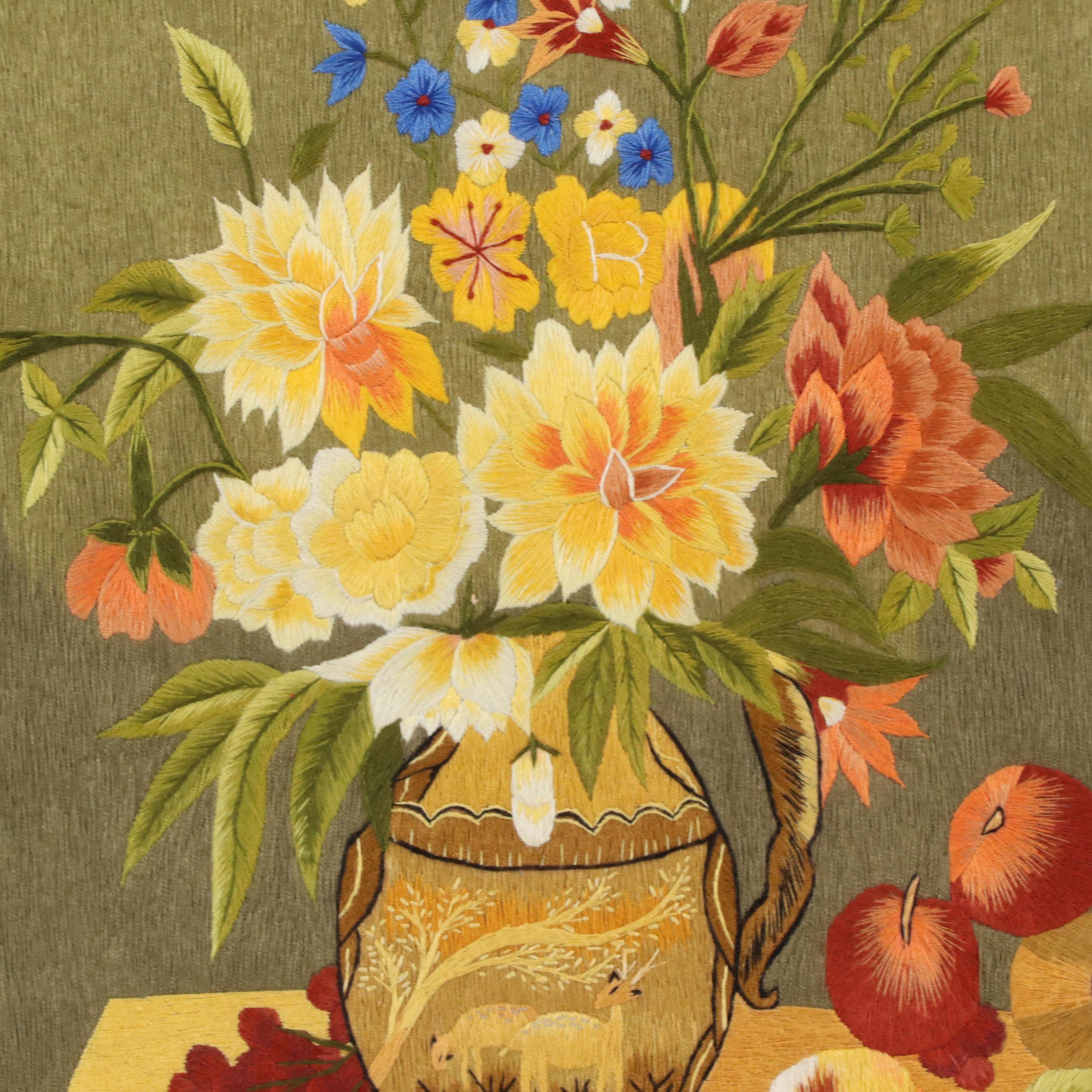 World Threads Handmade Embroidery Still Life of Flower Bouquet and ...