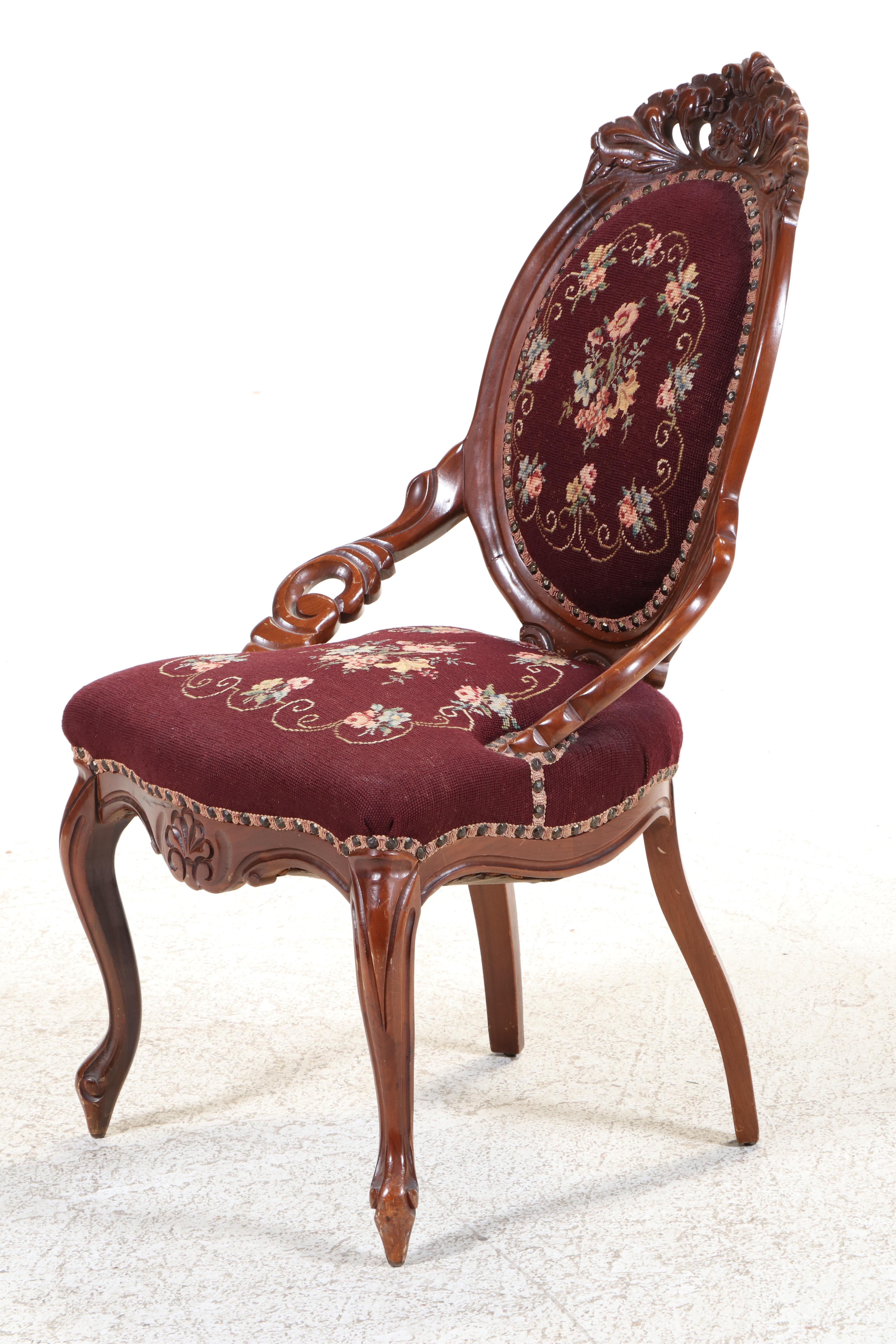 Rococo Revival Style Carved Walnut and Needlepoint Parlor Chair | EBTH