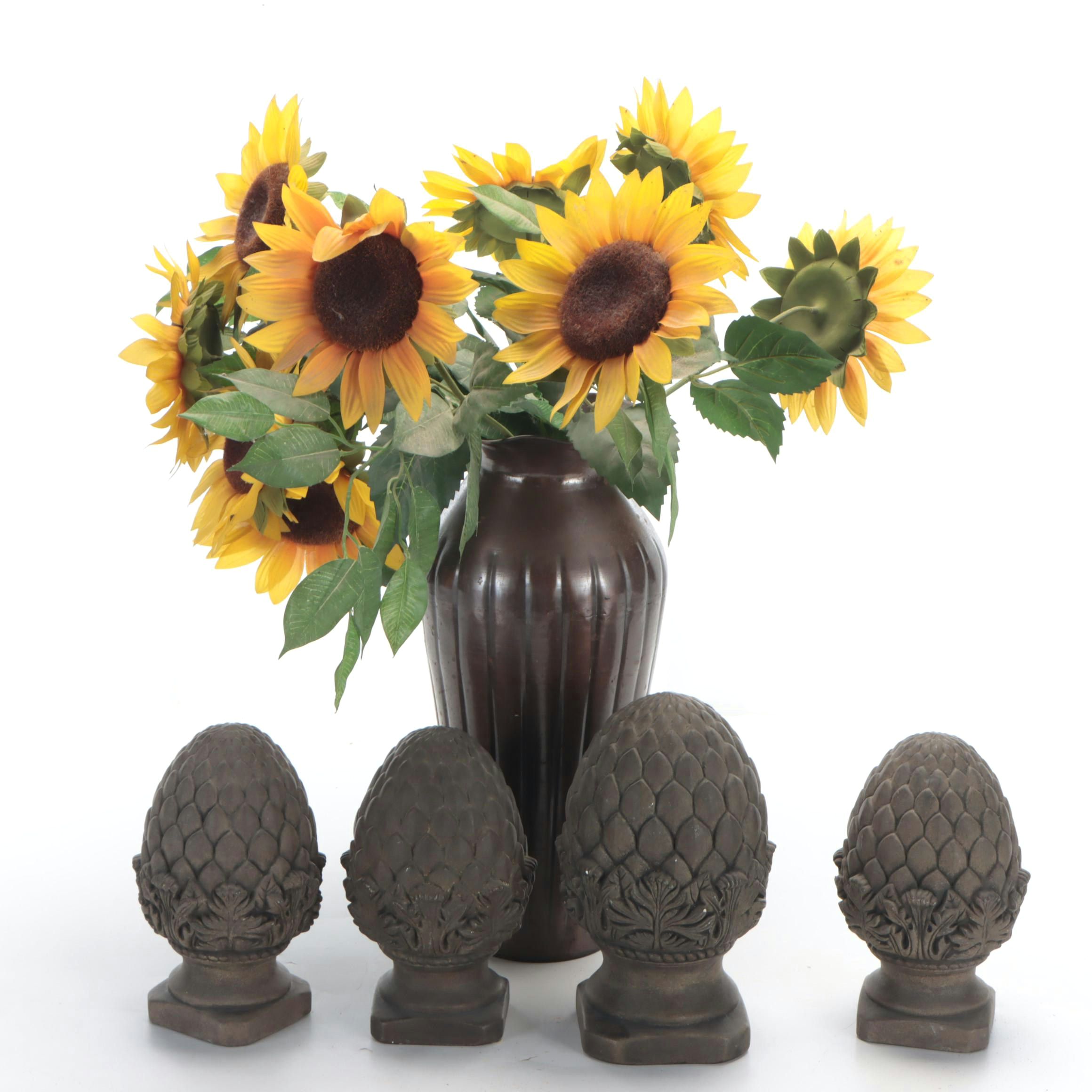 Chalkware Pineapple Statues with Bronze Toned Metal Vase and Faux ...