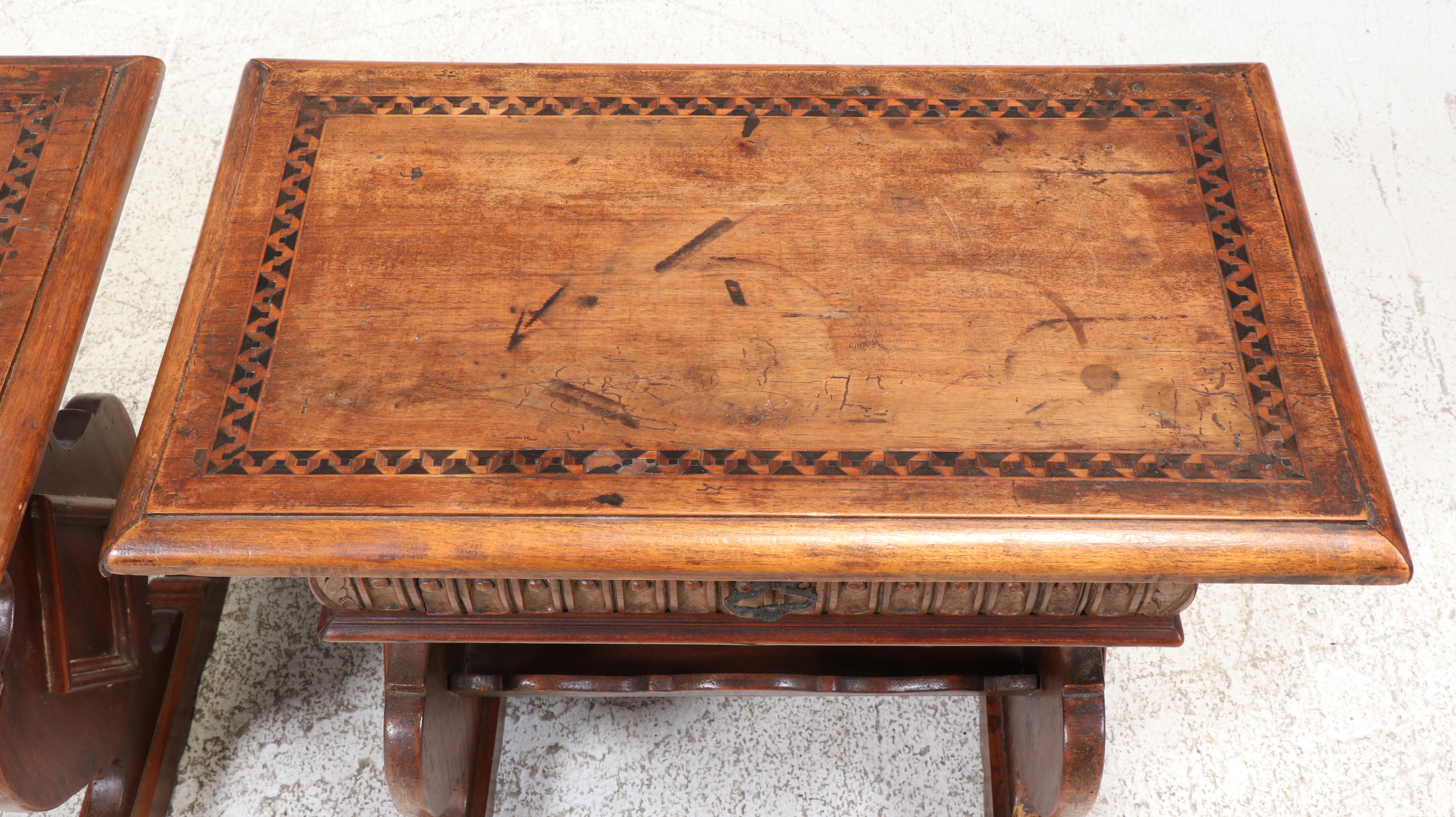 Pair of Reconnaissance Revival Style Carved Oak Side Tables with Inlaid ...