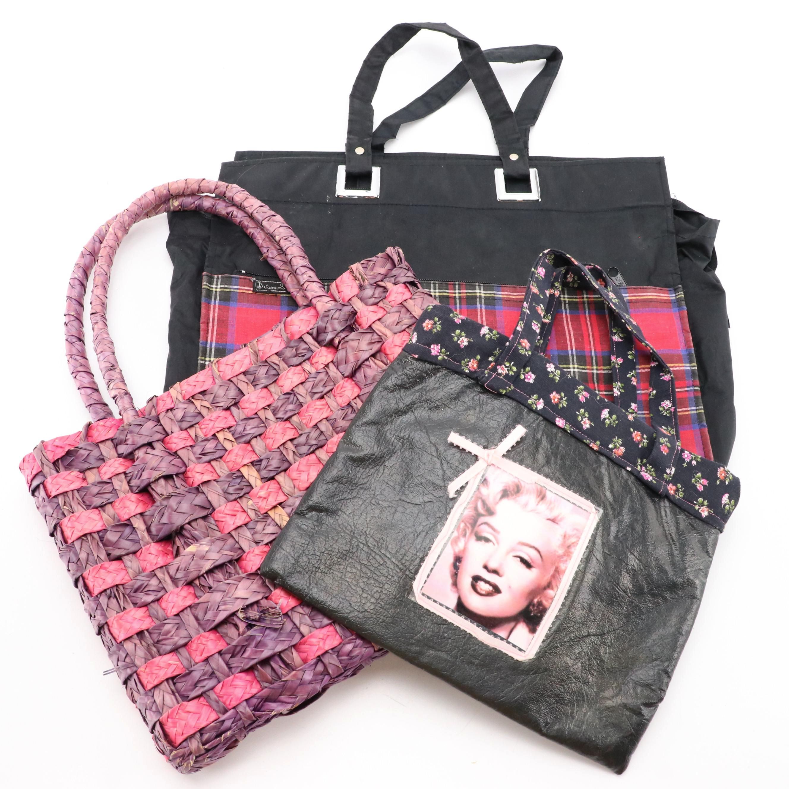 Woven Natural Fiber Tote with Other Textile/Faux Leather Totes ...