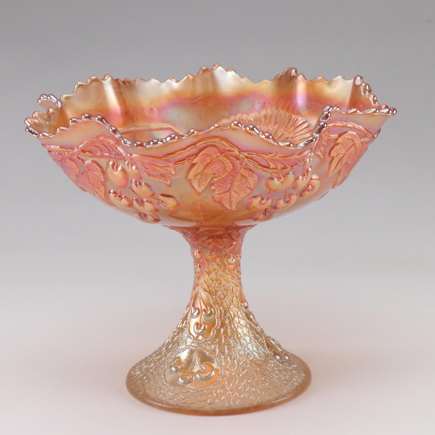 Antique Fenton Mikado Centerpiece Compote In Marigold Carnival Glass