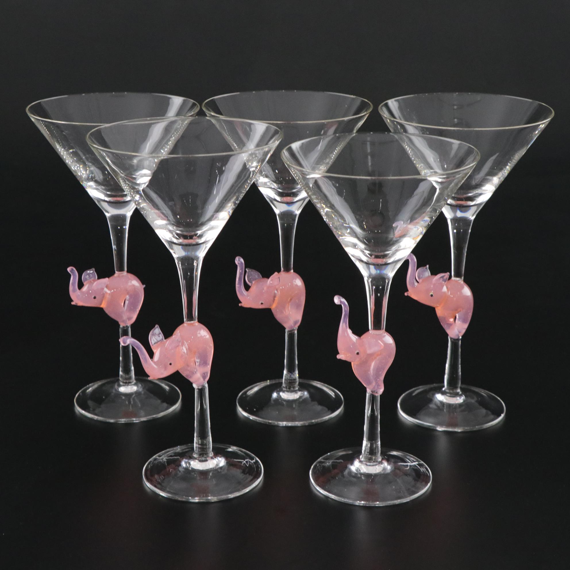 Murano Hand-Blown Pink Elephant Cosmo/Martini Glasses, Set of Five ...