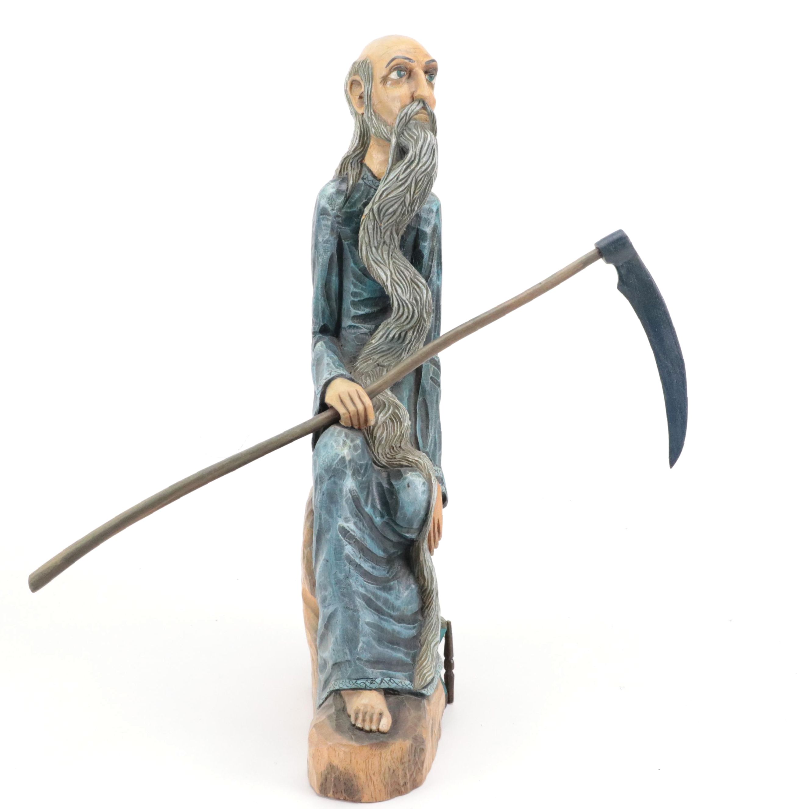 Spanish Style Folk Art Grim Reaper Polychrome Wood Figure Signed Gui Ba ...