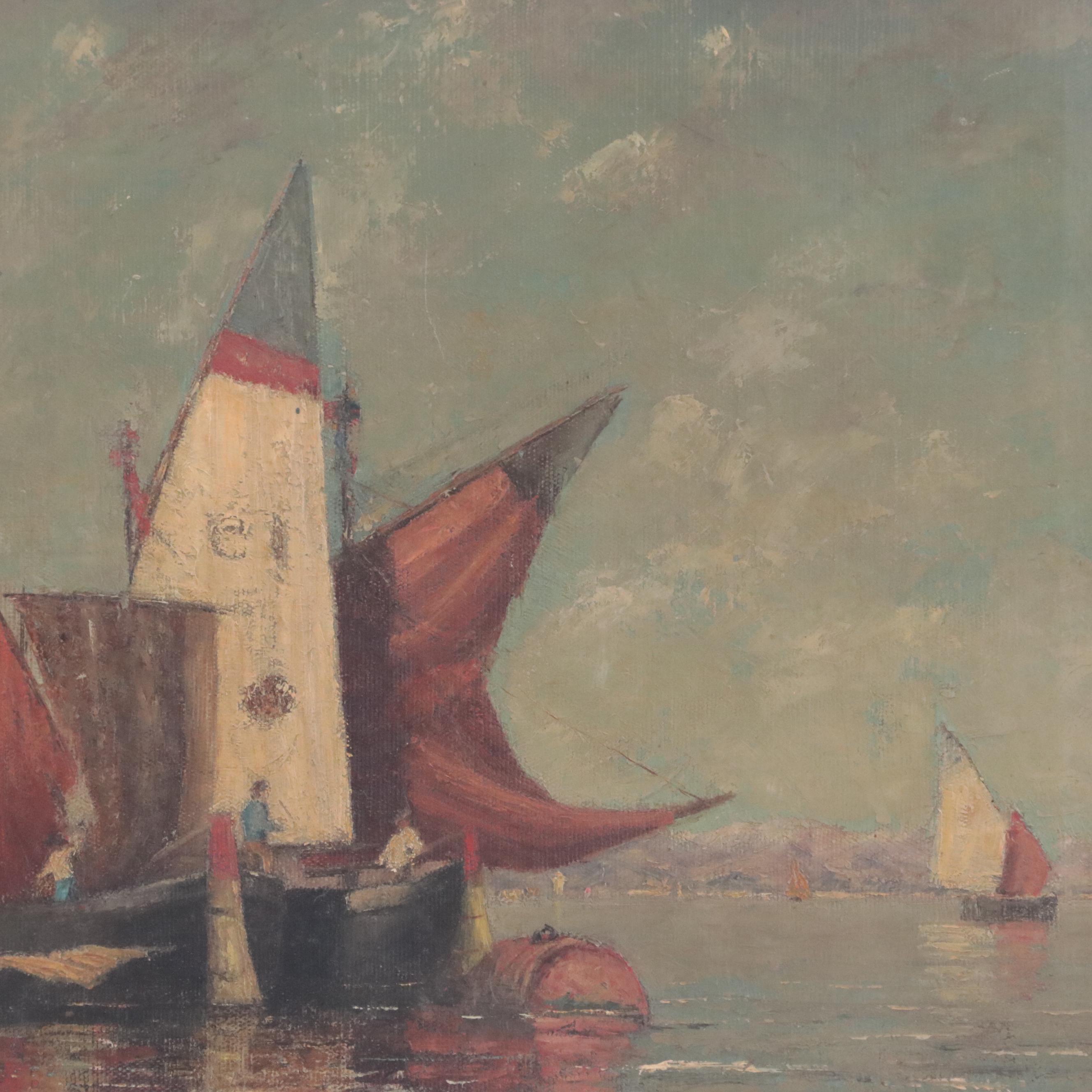 William Birdsall Gifford Maritime Oil Painting of Harbor Scene ...