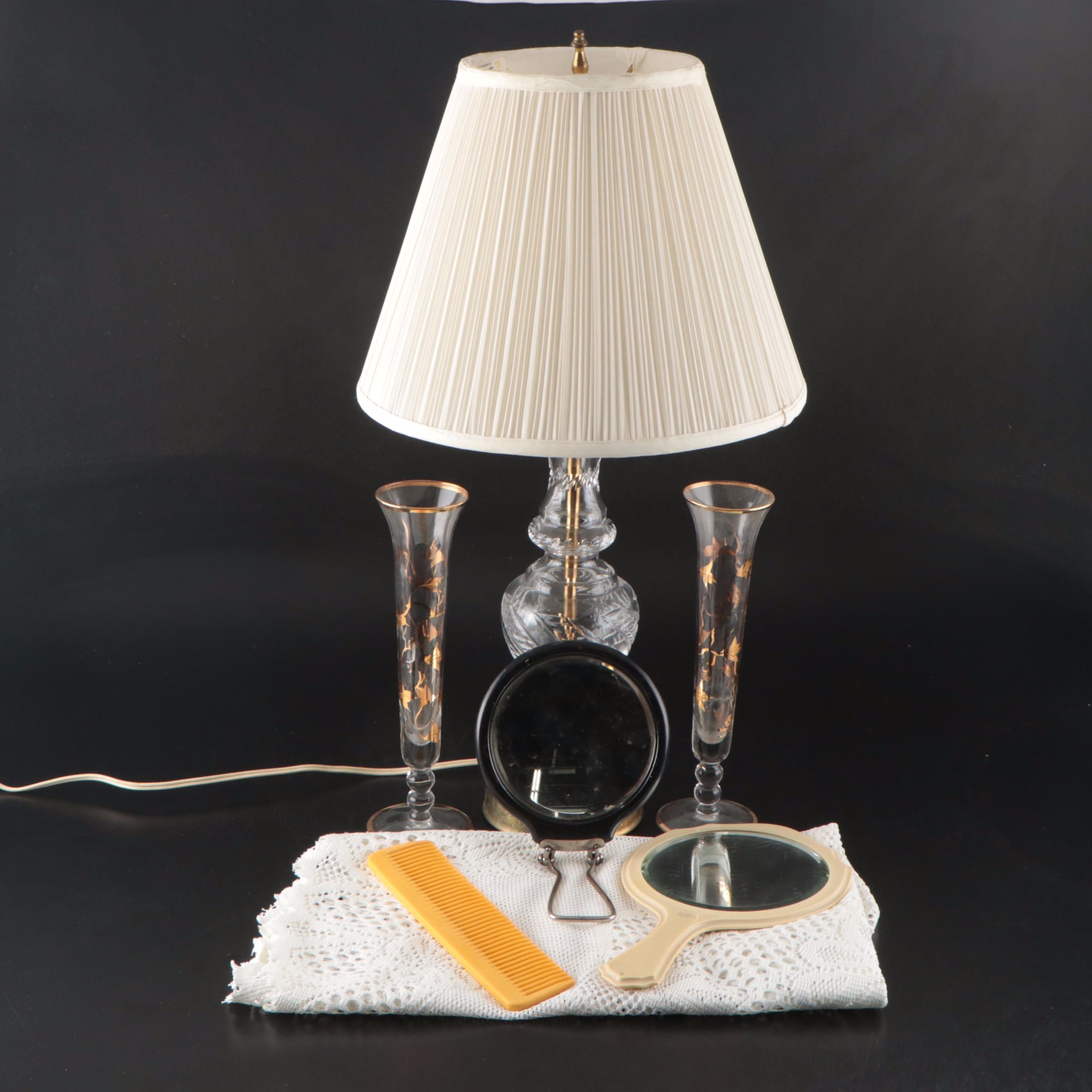 Ivory Pyralin Dubarry Mirror and Comb with Crystal Lamp, Glass Vases ...
