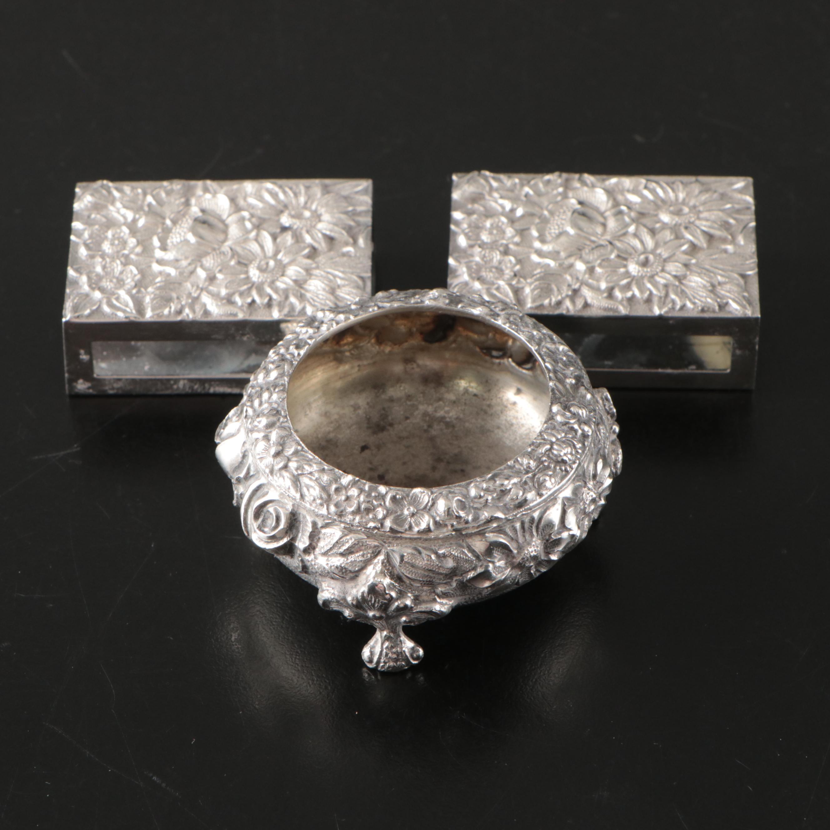 Stieff "Repousse" Sterling Silver Salt Cellar and Match Box Cases, Mid ...