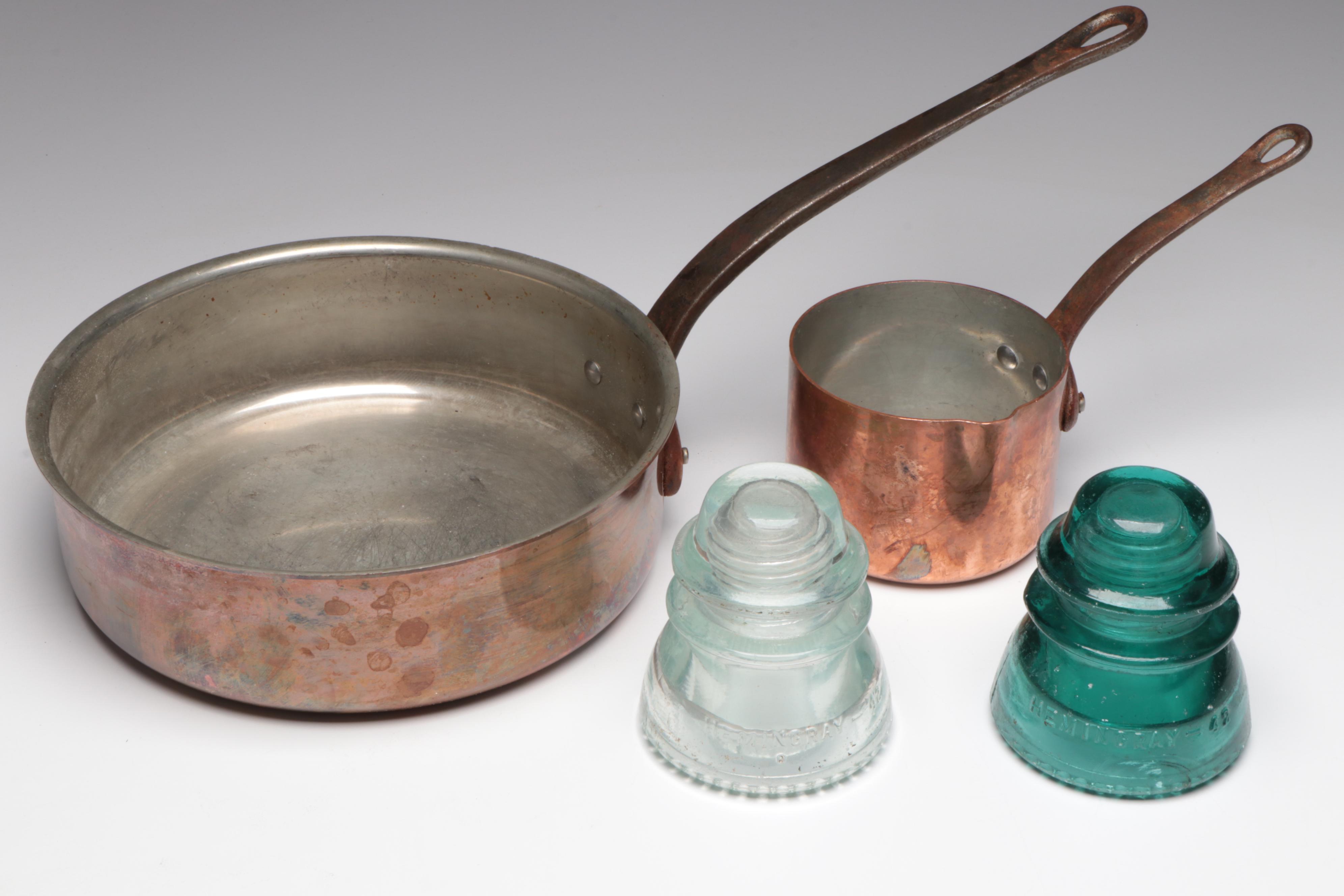 Baumalu French Copper Pots and Pans with Glass Insulators, Mid to Late ...