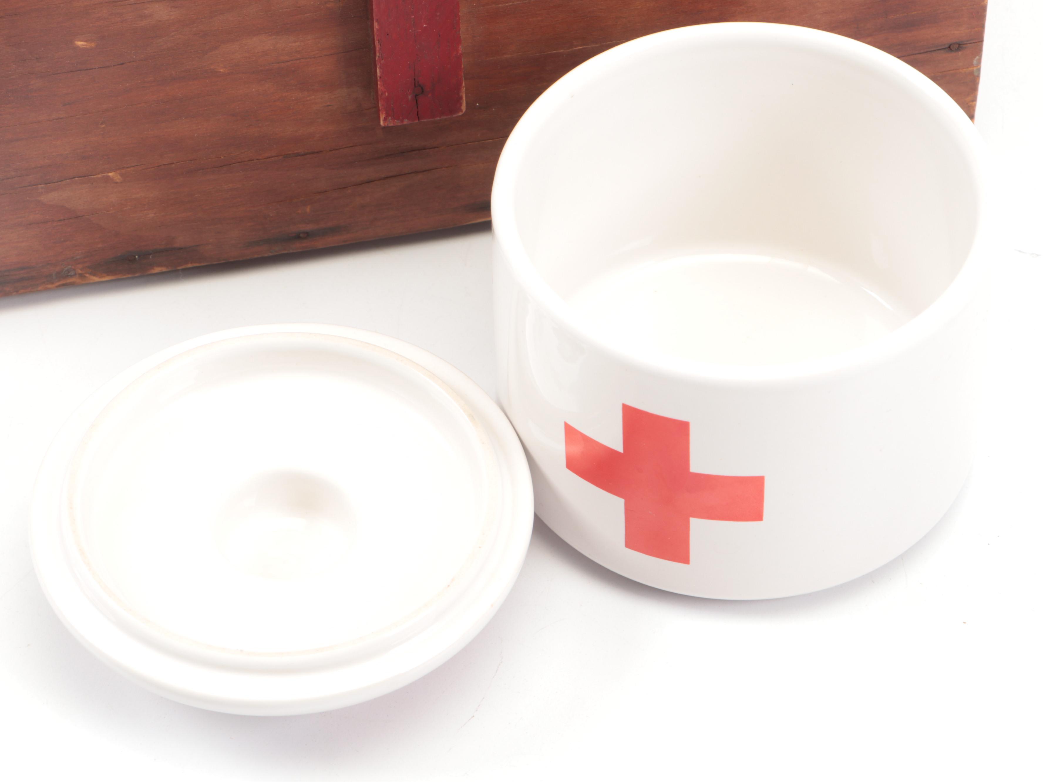 Red Cross Wooden Medical Kit Box and USNS Comfort T-AH 20 Ceramic Jar ...