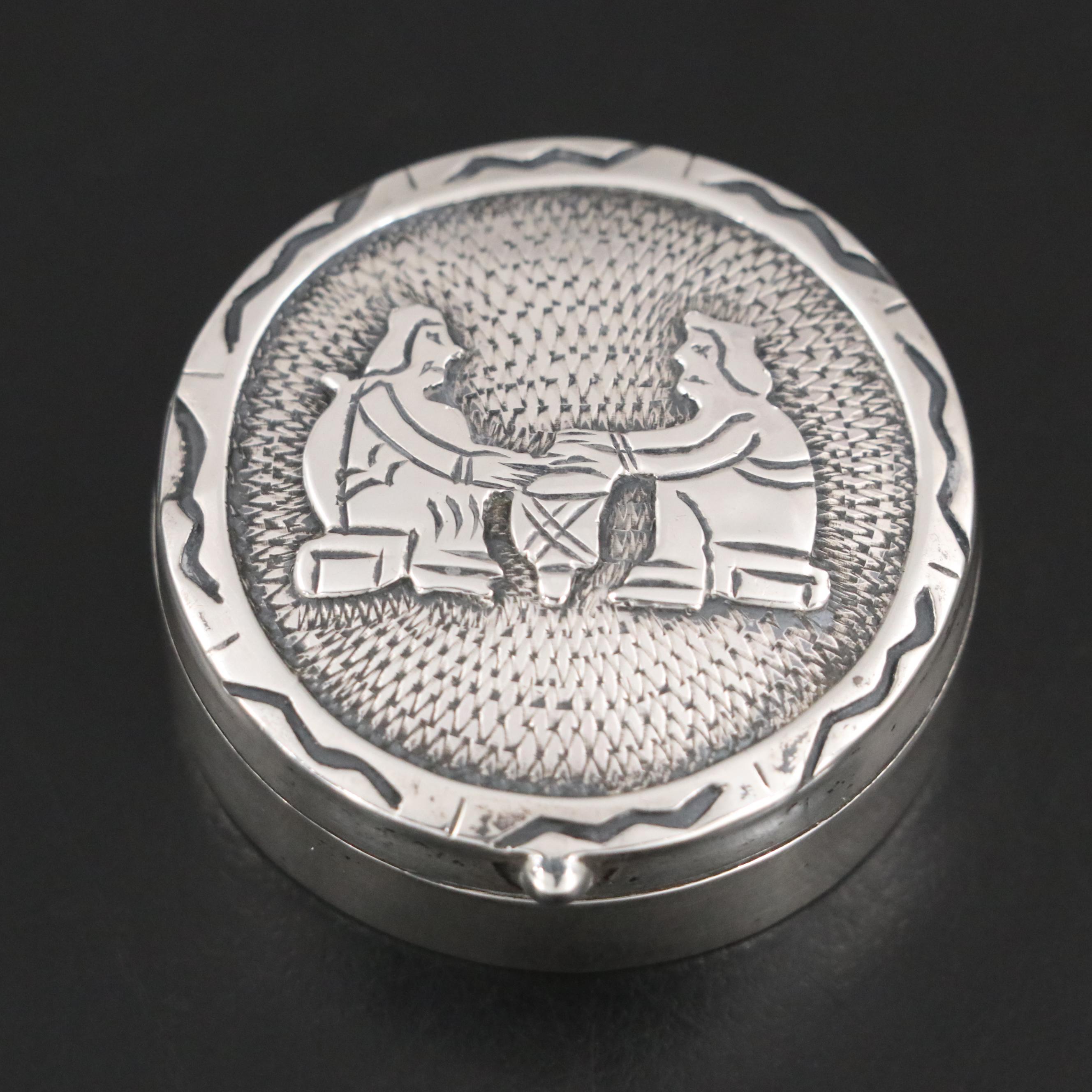 Mexican Sterling Silver Pill Box with Seated Figures | EBTH